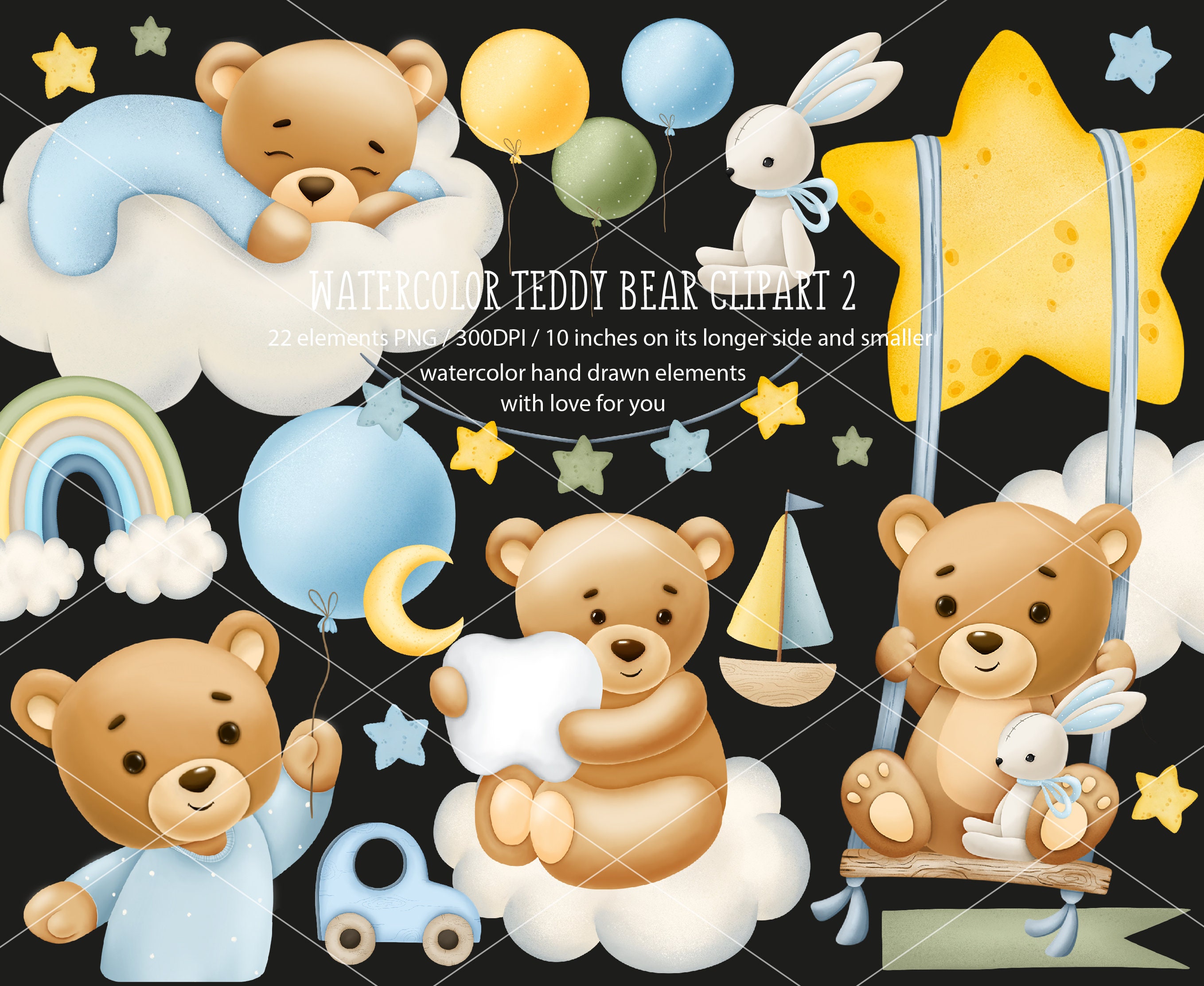 Watercolor Bears Clipart 2, Cute Teddy Bear Clipart, Baby Shower, It's ...