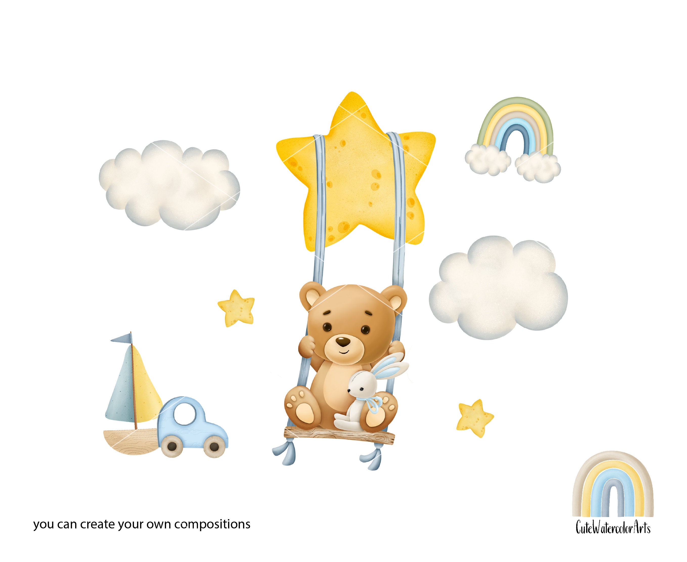 Watercolor Bears Clipart 2, Cute Teddy Bear Clipart, Baby Shower, It's ...