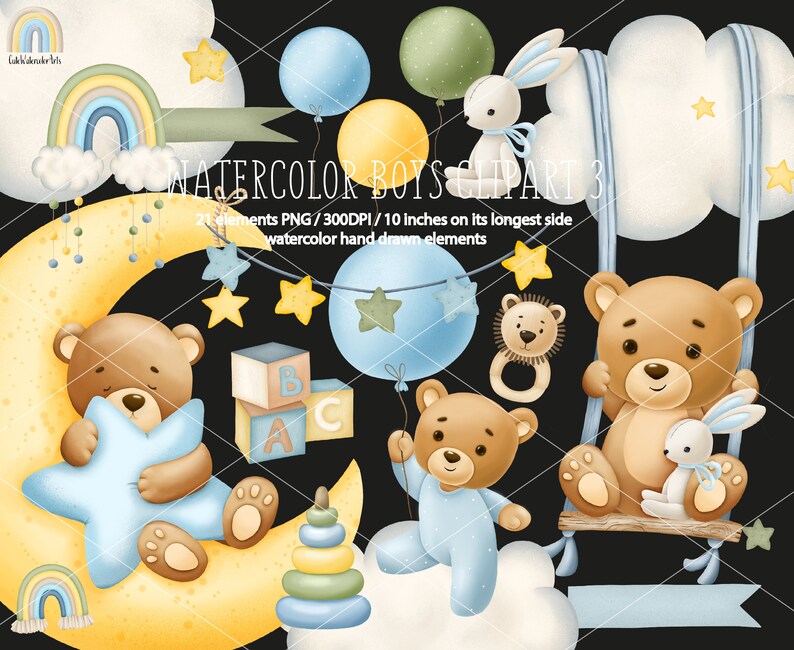 Watercolor Bears Clipart 3, Cute Teddy Bear Clipart, Baby Shower, It's ...