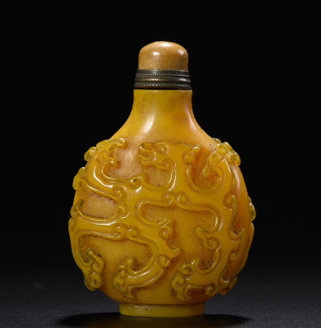 47109 Old Chinese Yellow Peking Glass Low Relief Chi Dragon Design ...
