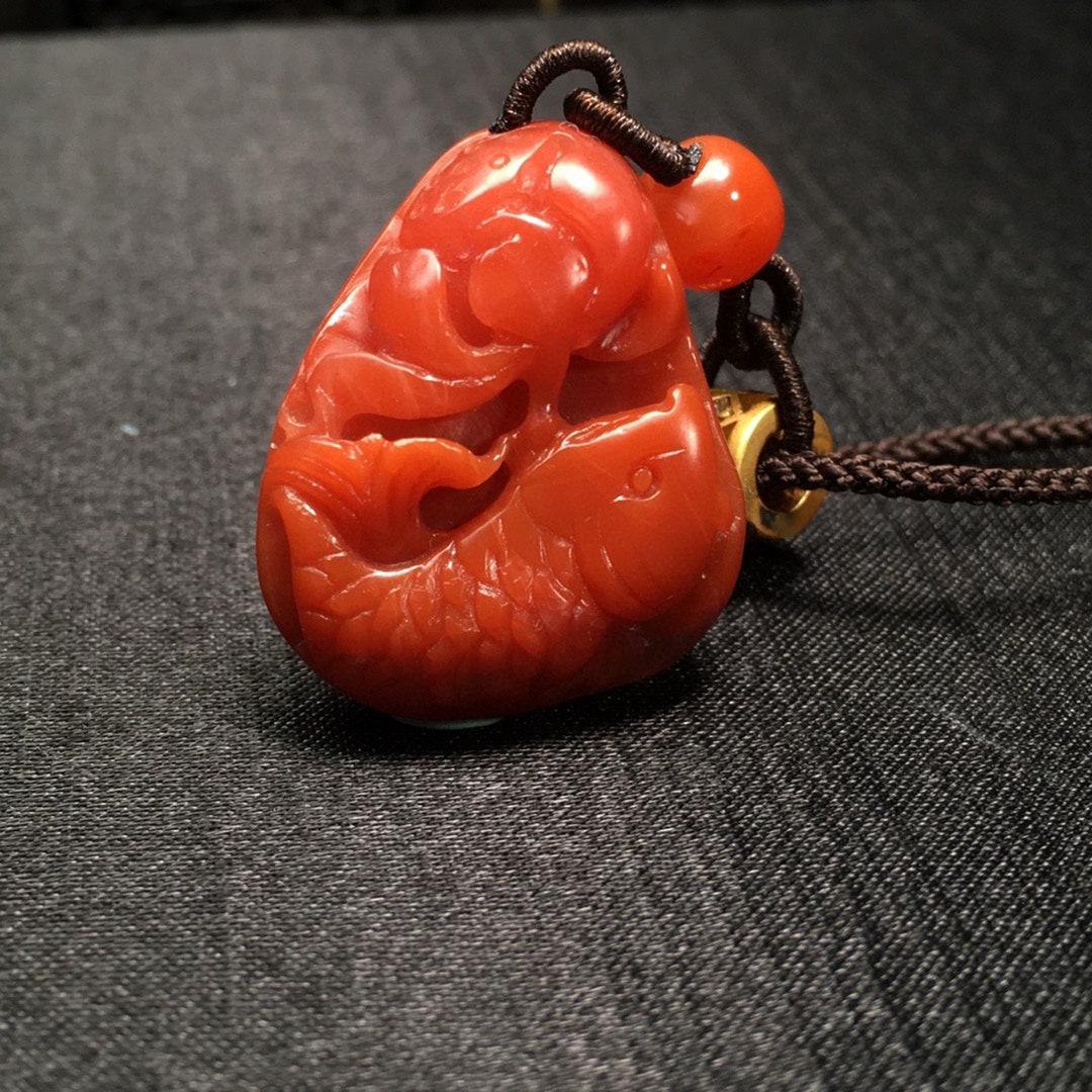 48132 Chinese Nanhong Agate Carved Lotus Flower & Fish Pendant - Etsy
