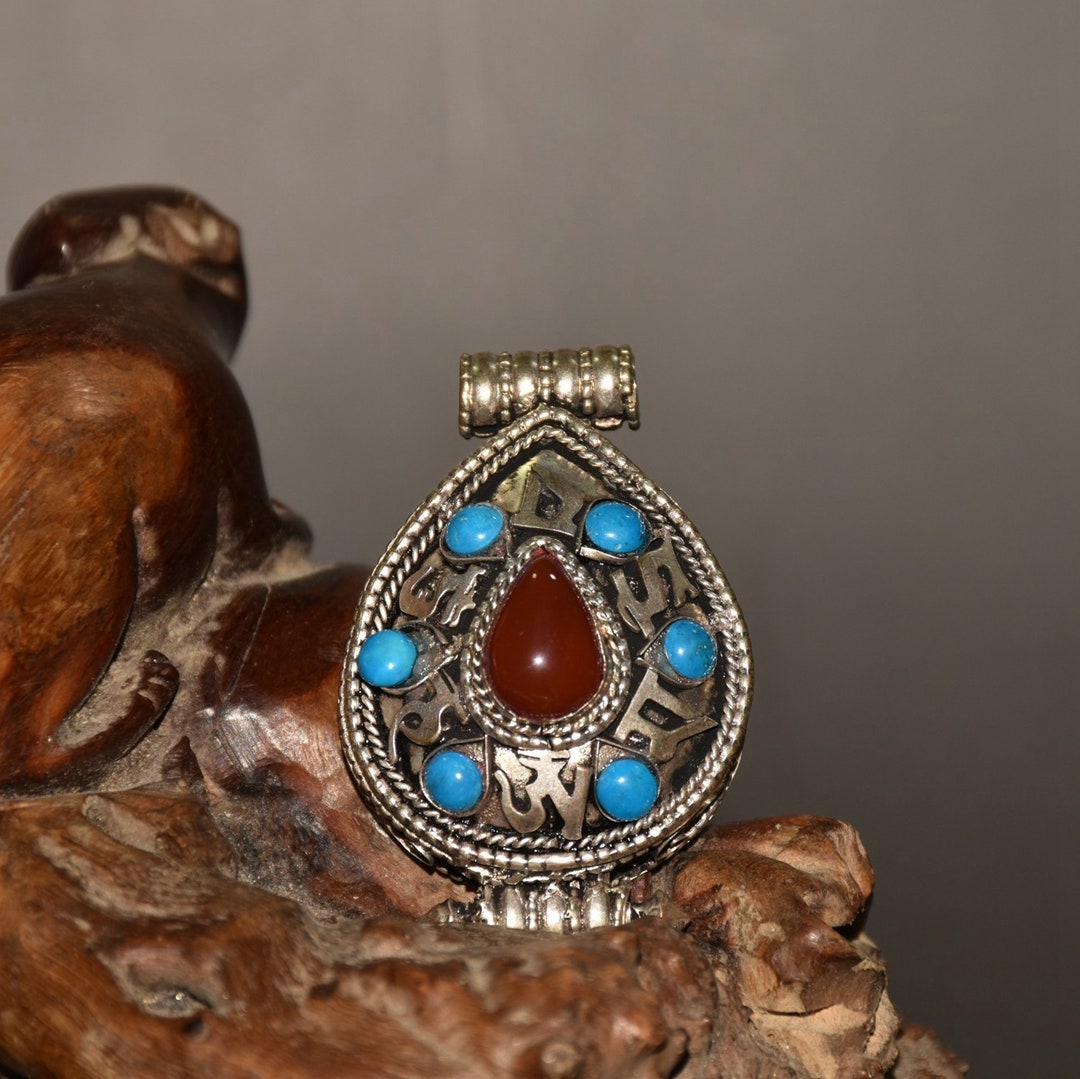 45157 Tibetan White Copper Inlay Turquoise Gawu Box Pendant - Etsy