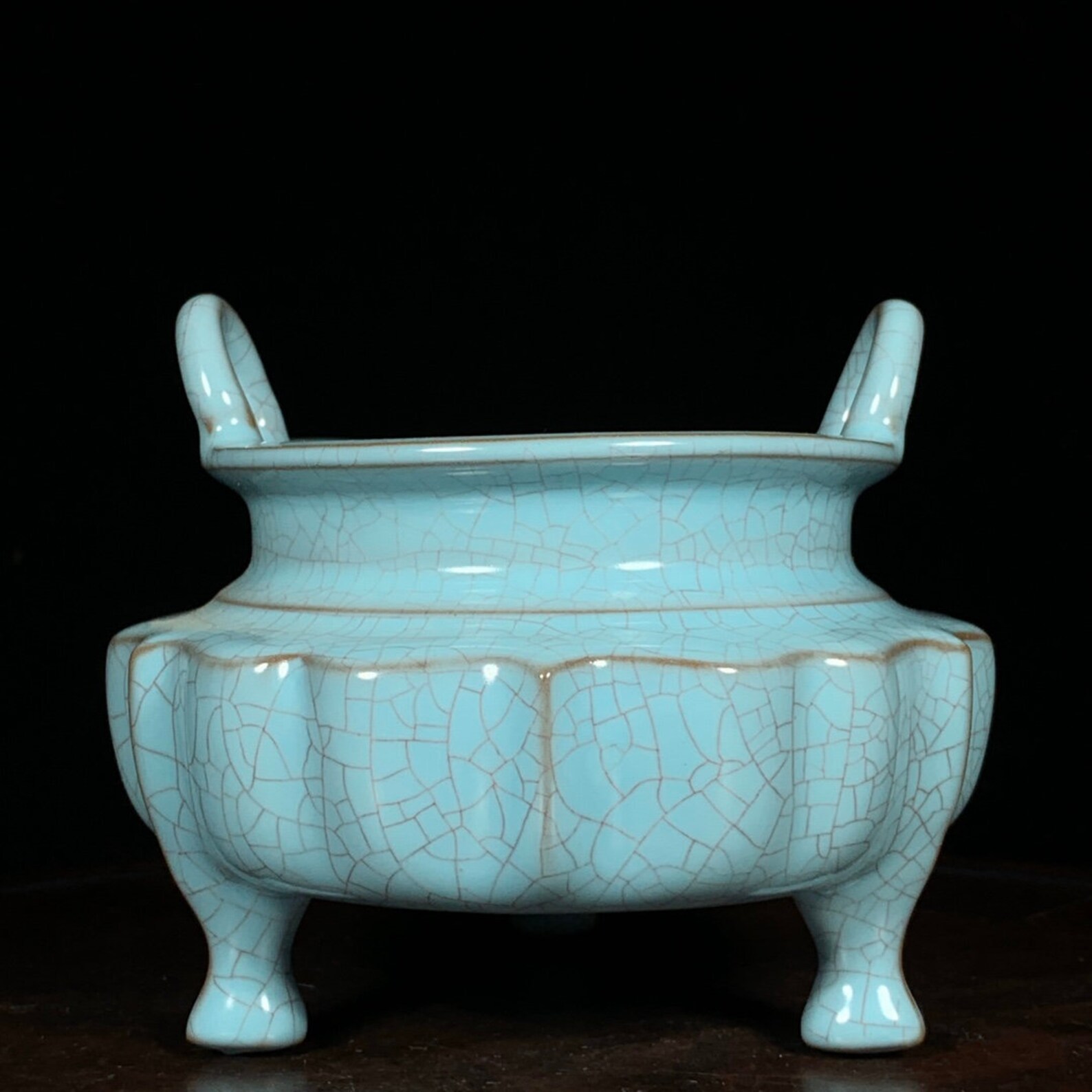 410323 Chinese Ru Kiln Blue Glaze Double Ears 3 Legs Porcelain Incense ...