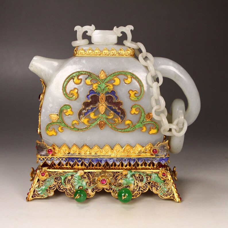 29143 Copper and Gold-plated Inlaid Hetian White Jade Teapot - Etsy
