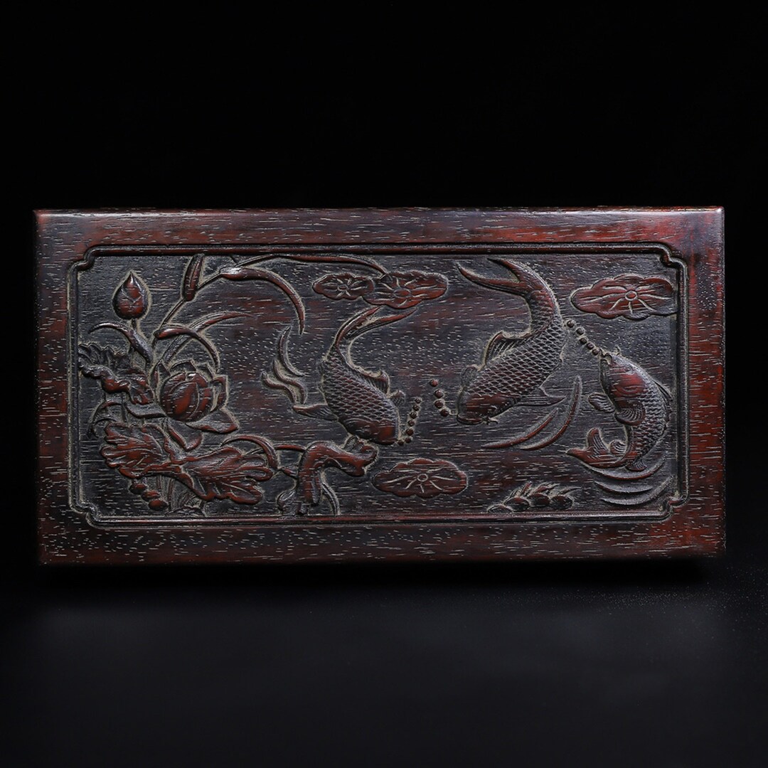 4791 Old Chinese Zitan Wood Low Relief Fish & Lotus Flower Design ...