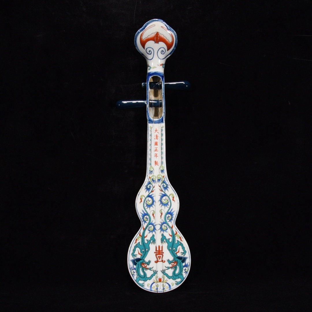 49273 Unique Chinese Wucai Double Dragon Design Porcelain Pipa Statue W ...