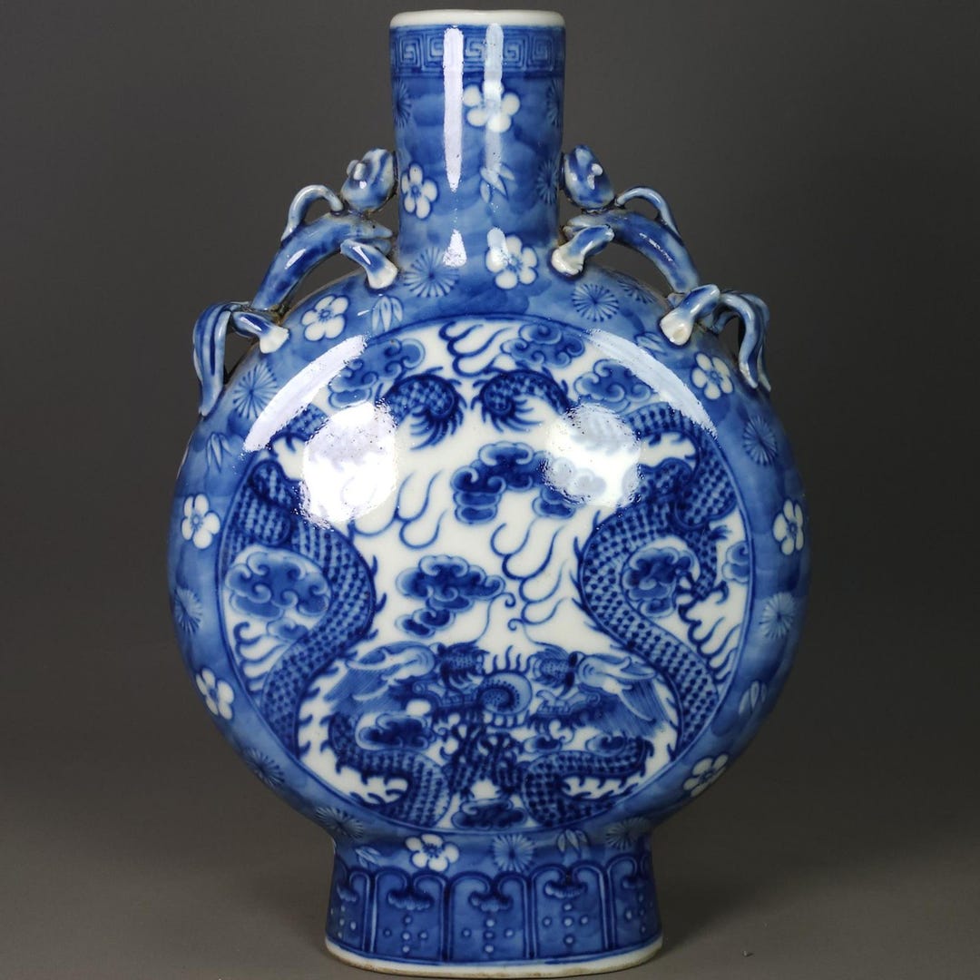 412531 Chinese Blue and White Porcelain Double Dragon Design Vase - Etsy