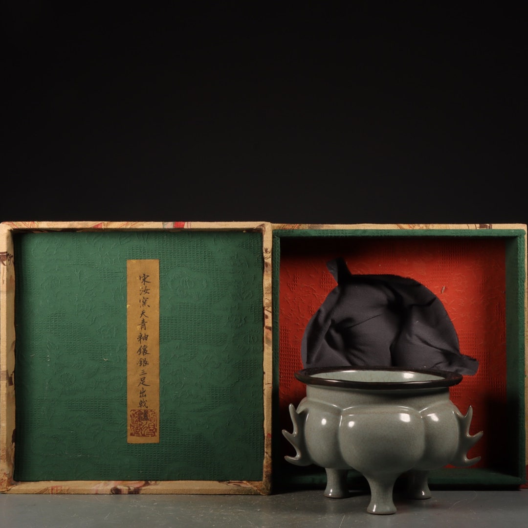 47607 Chinese Inlay Silver Edge Ru Kiln Blue Glaze Double Ears 3 Legs ...