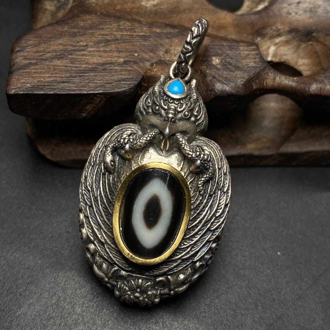 412529 Tibetan Gilt Gold Silver Inlay Sky DZI Agate GARUDA Pendant - Etsy