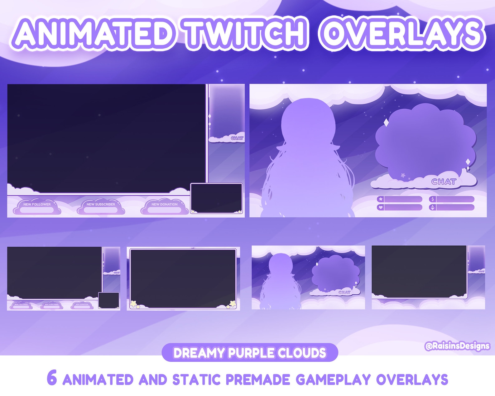 Animated Twitch Overlays / Dreamy Purple Cloud / Streamer Graphics ...