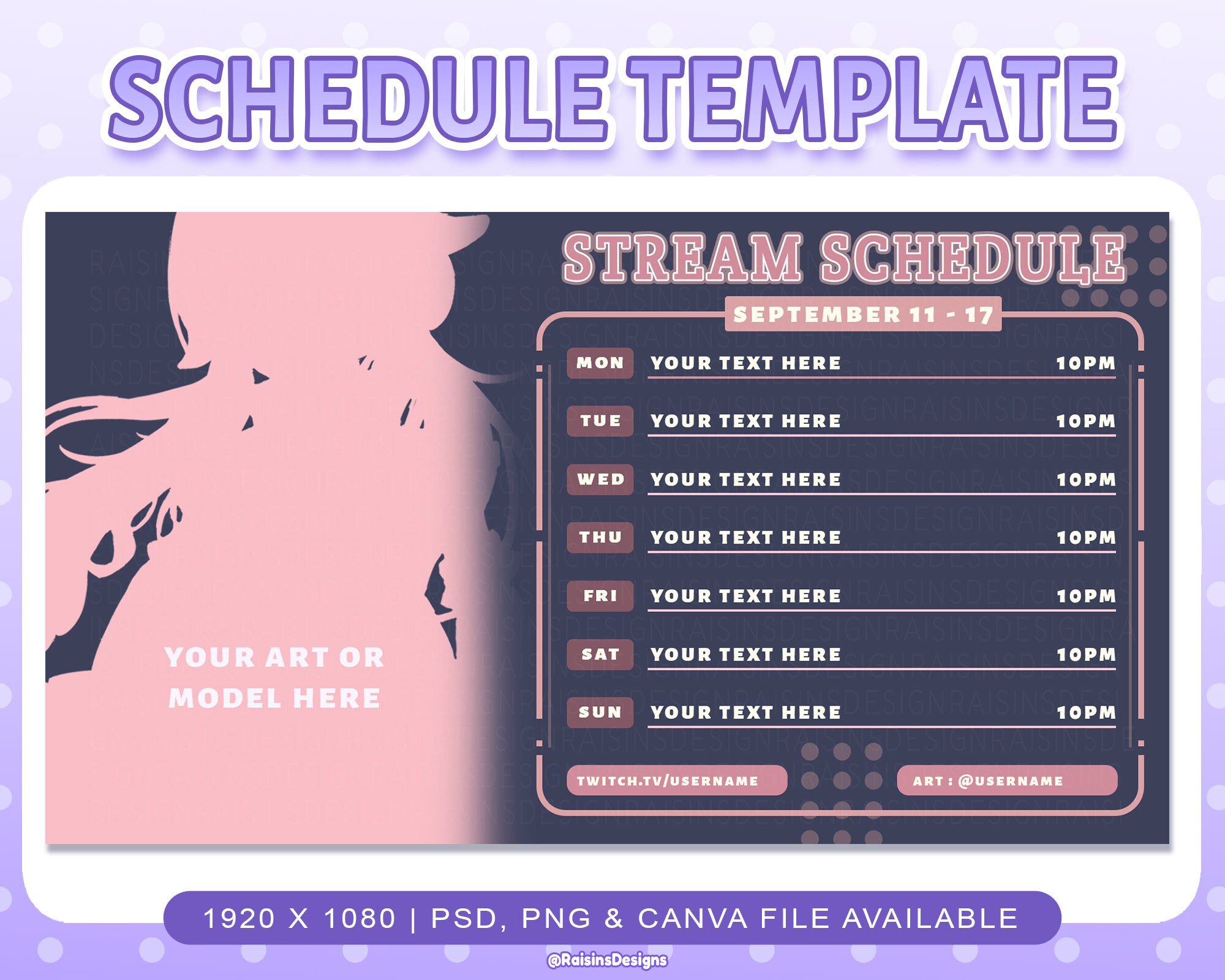 Stream Schedule Template For Twitch Youtube Streaming Etsy UK