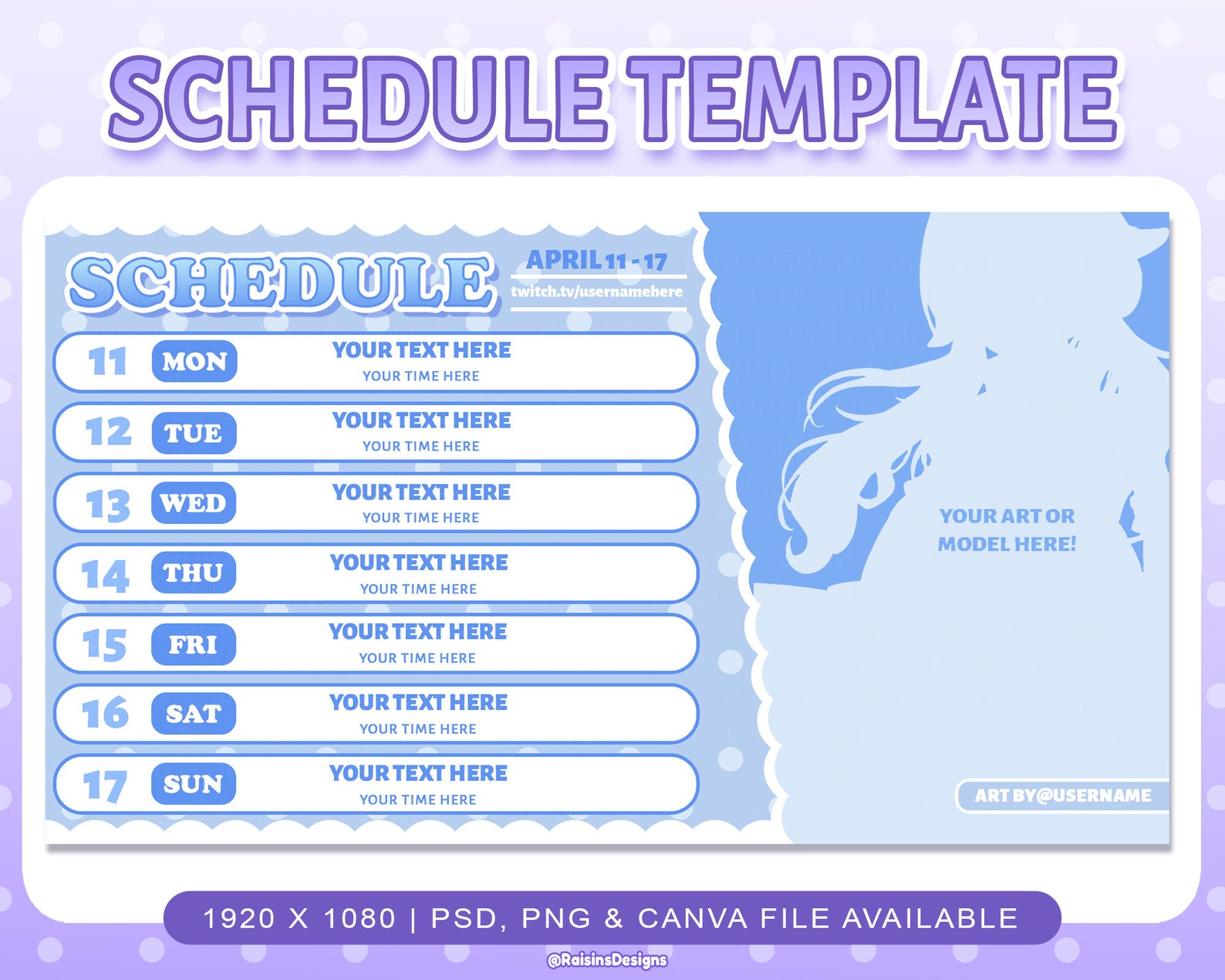 Stream Schedule Template for Twitch & Youtube Streaming / Blue Polka ...