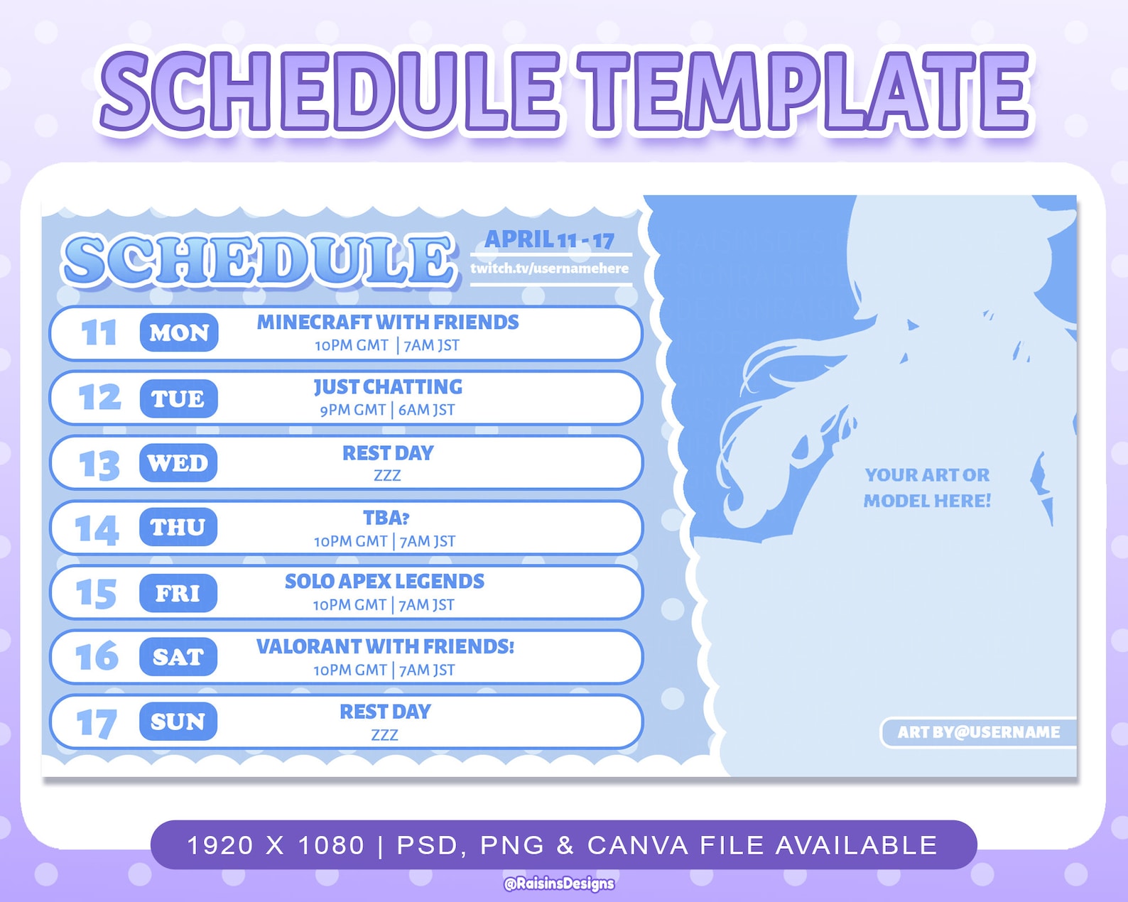 Stream Schedule Template for Twitch & Youtube Streaming / Blue Polka ...