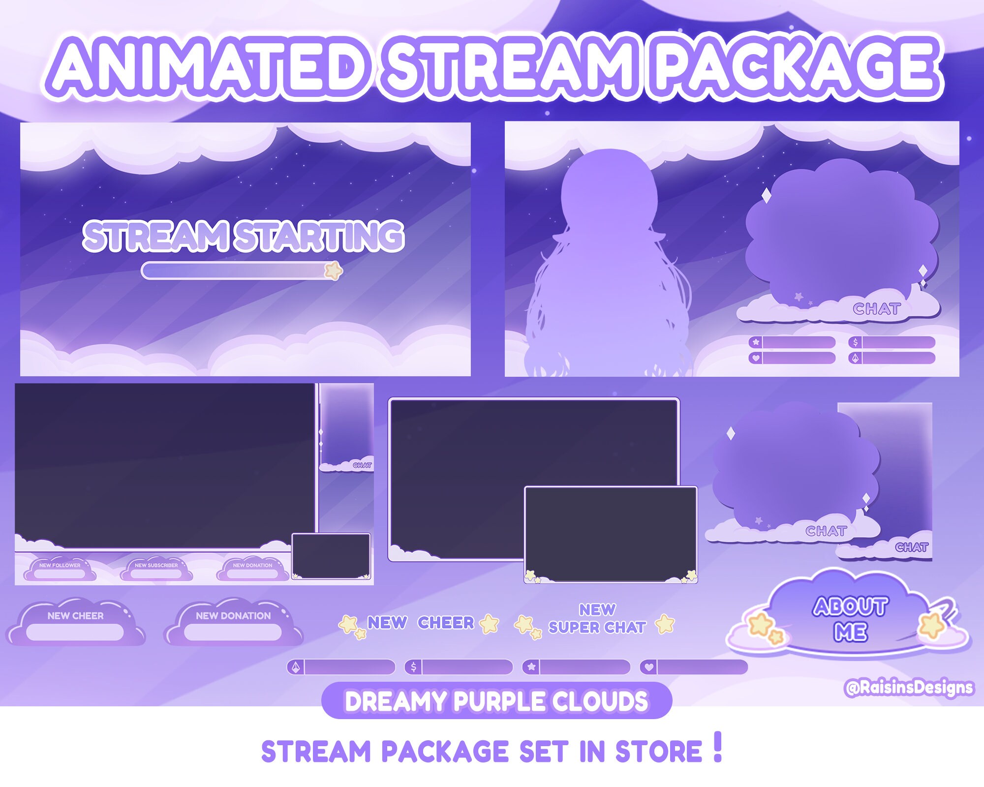 Animated Screens for Twitch Overlay / Dreamy Purple Clouds / Cute ...
