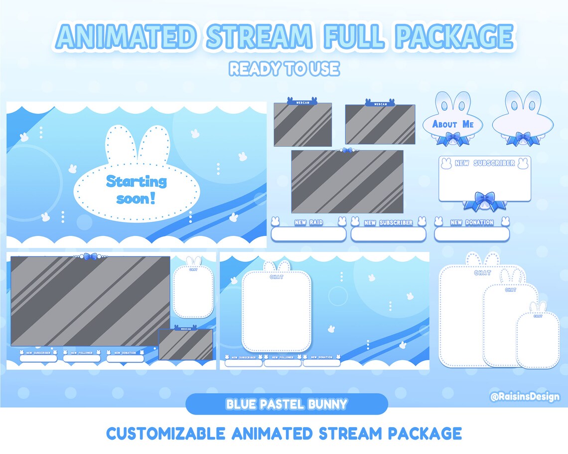 Animated Stream Overlay Package for Twitch / Blue Pastel Bunny / Vtuber ...