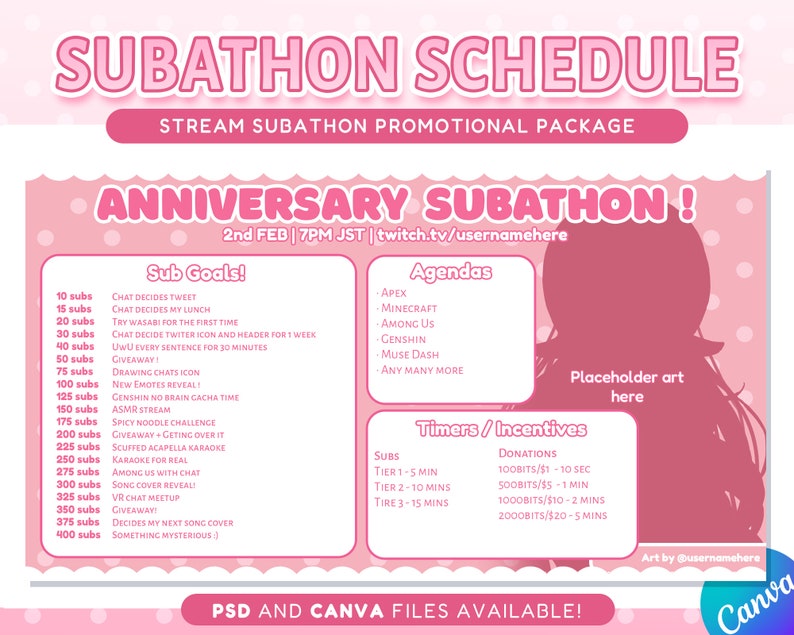 Stream Subathon Template for Twitch & Youtube Streaming / Pink Polka Cute Schedule Template for ...