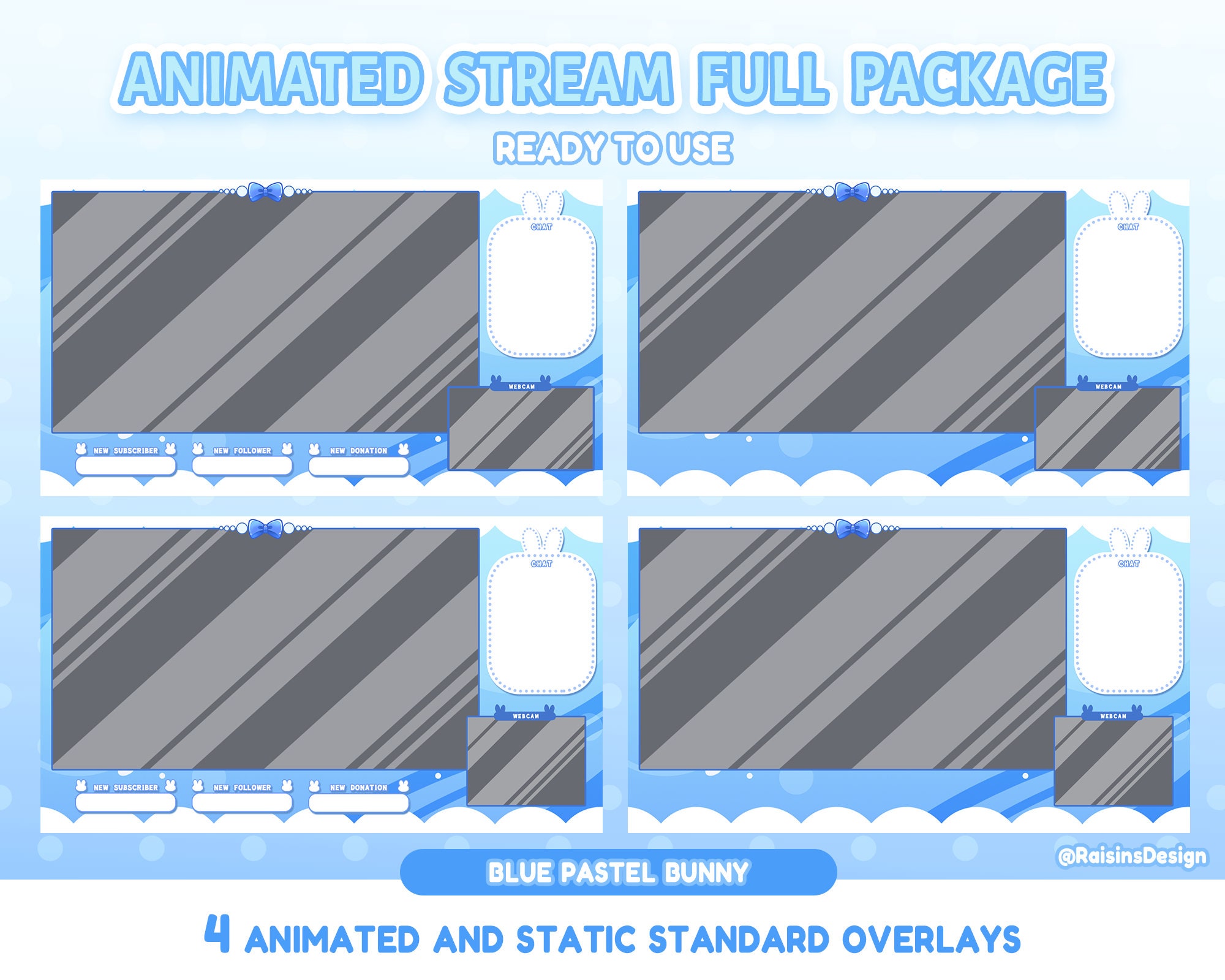 Animated Stream Overlay Package for Twitch / Blue Pastel Bunny / Vtuber ...