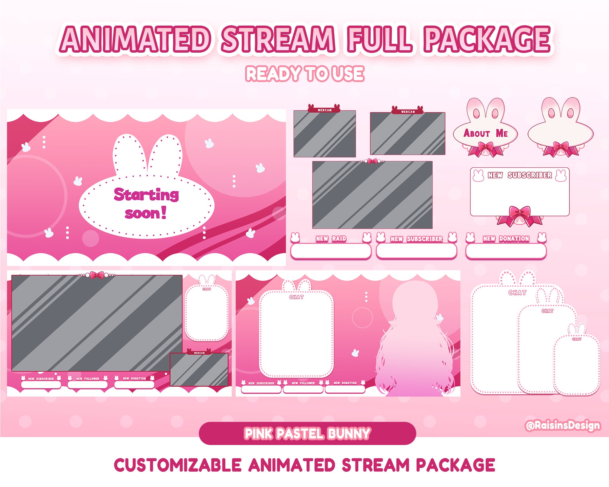 Animated Stream Overlay Package for Twitch / Pink Pastel Bunny / Vtuber ...