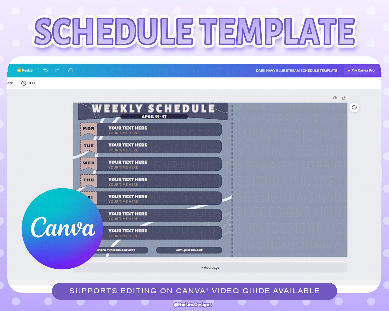 Stream Schedule Template for Twitch & Youtube Streaming / Dark Navy ...