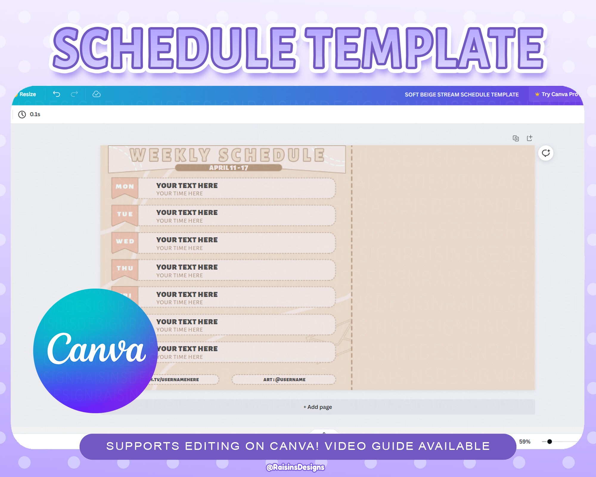 Stream Schedule Template for Twitch & Youtube Streaming / Soft Beige ...