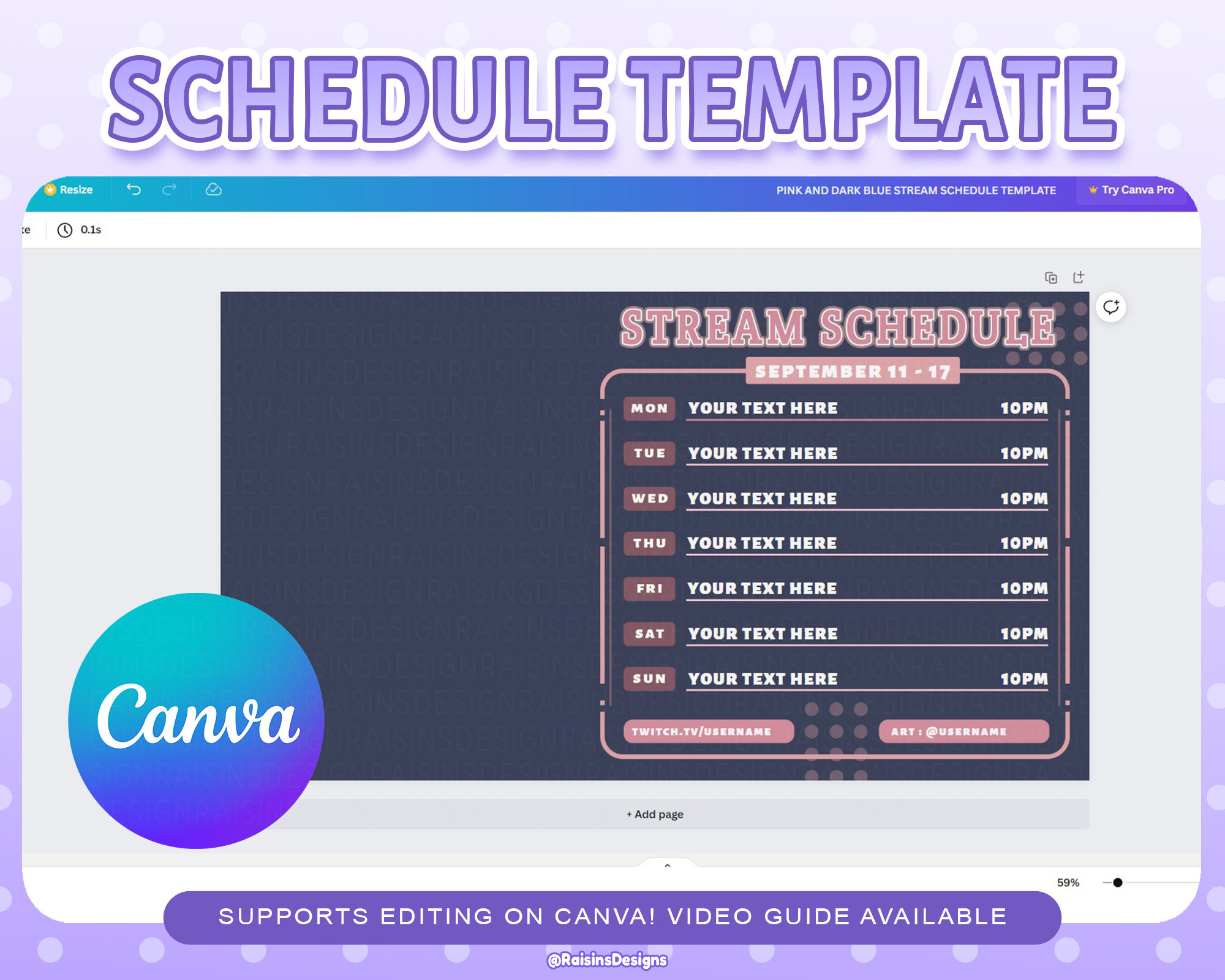 Stream Schedule Template for Twitch & Youtube Streaming / Black and ...