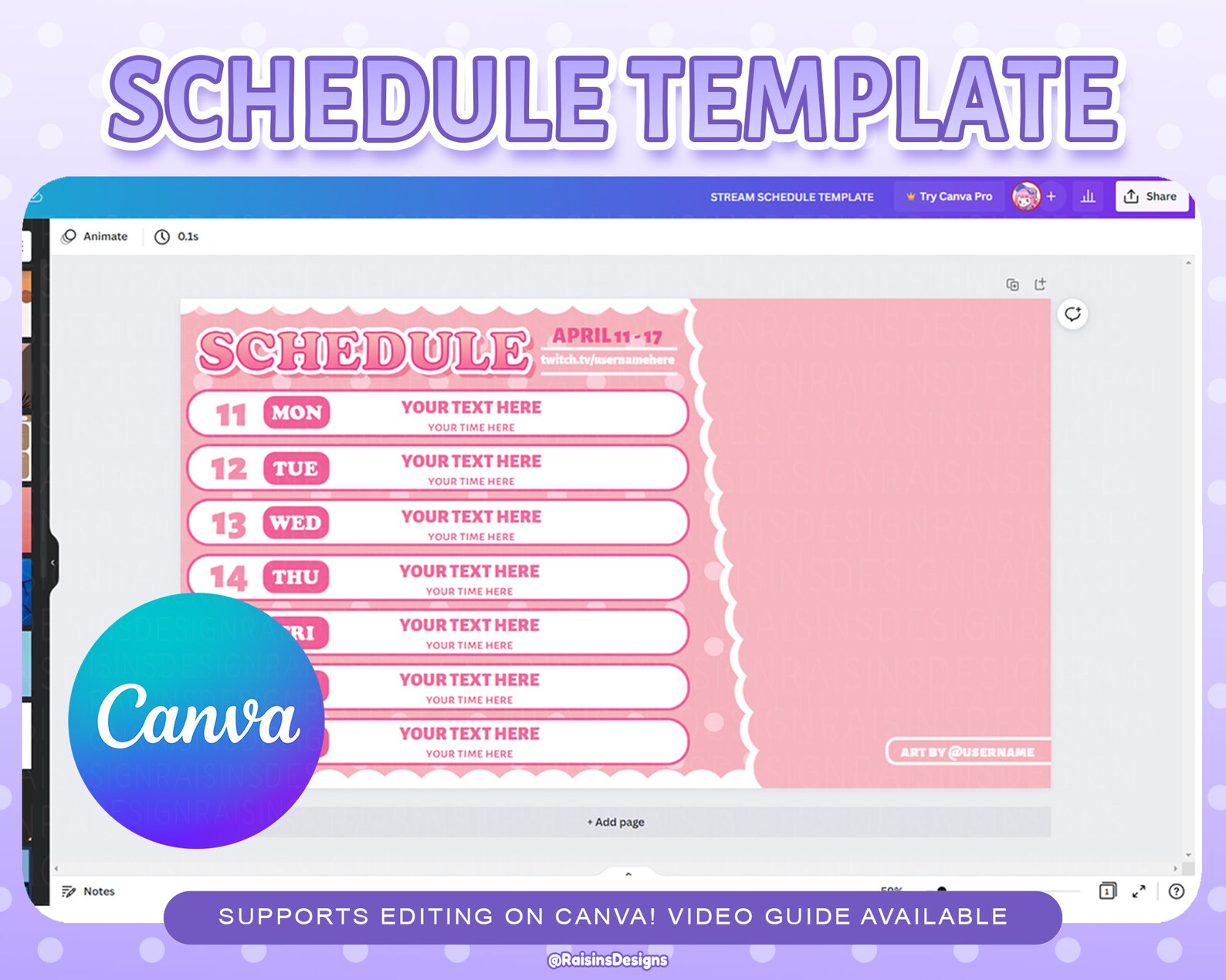 Stream Schedule Template for Twitch & Youtube Streaming / Pink Polka ...