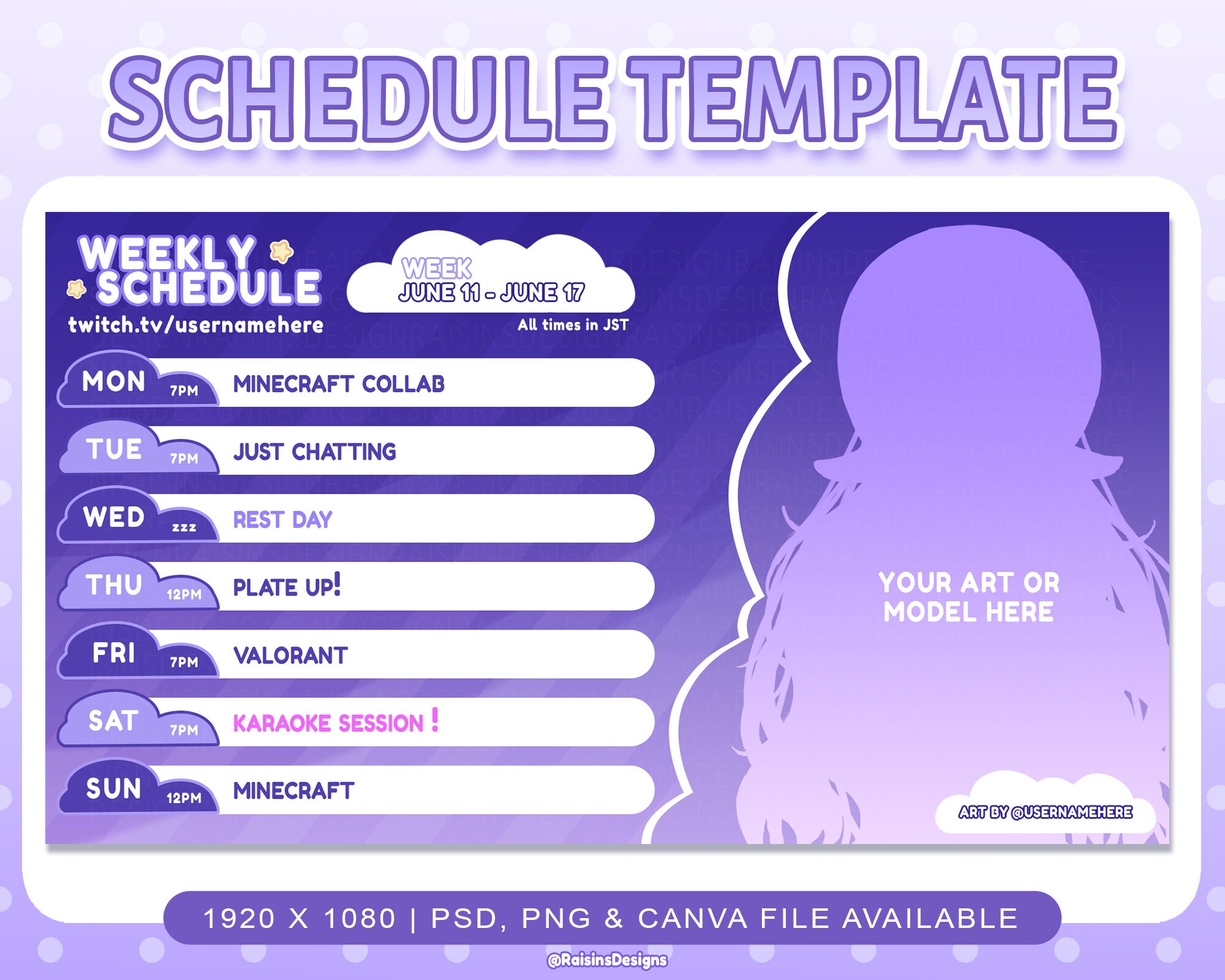 Stream Schedule Template for Twitch & Youtube Streaming / Dreamy Purple ...