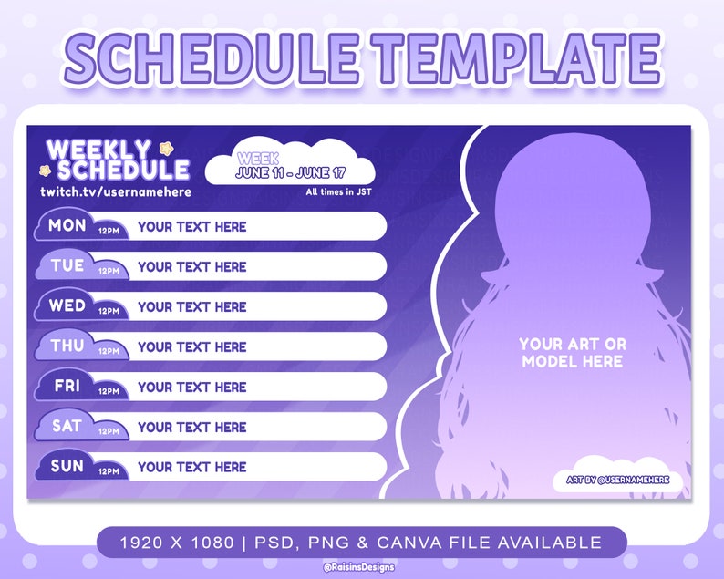 Stream Schedule Template for Twitch & Youtube Streaming / Dreamy Purple ...