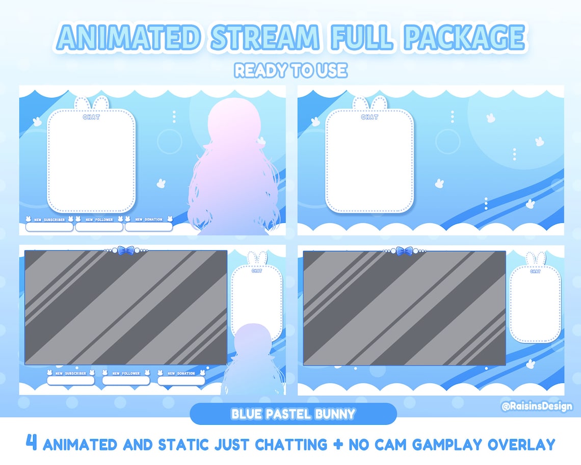 Animated Stream Overlay Package for Twitch / Blue Pastel Bunny / Vtuber ...