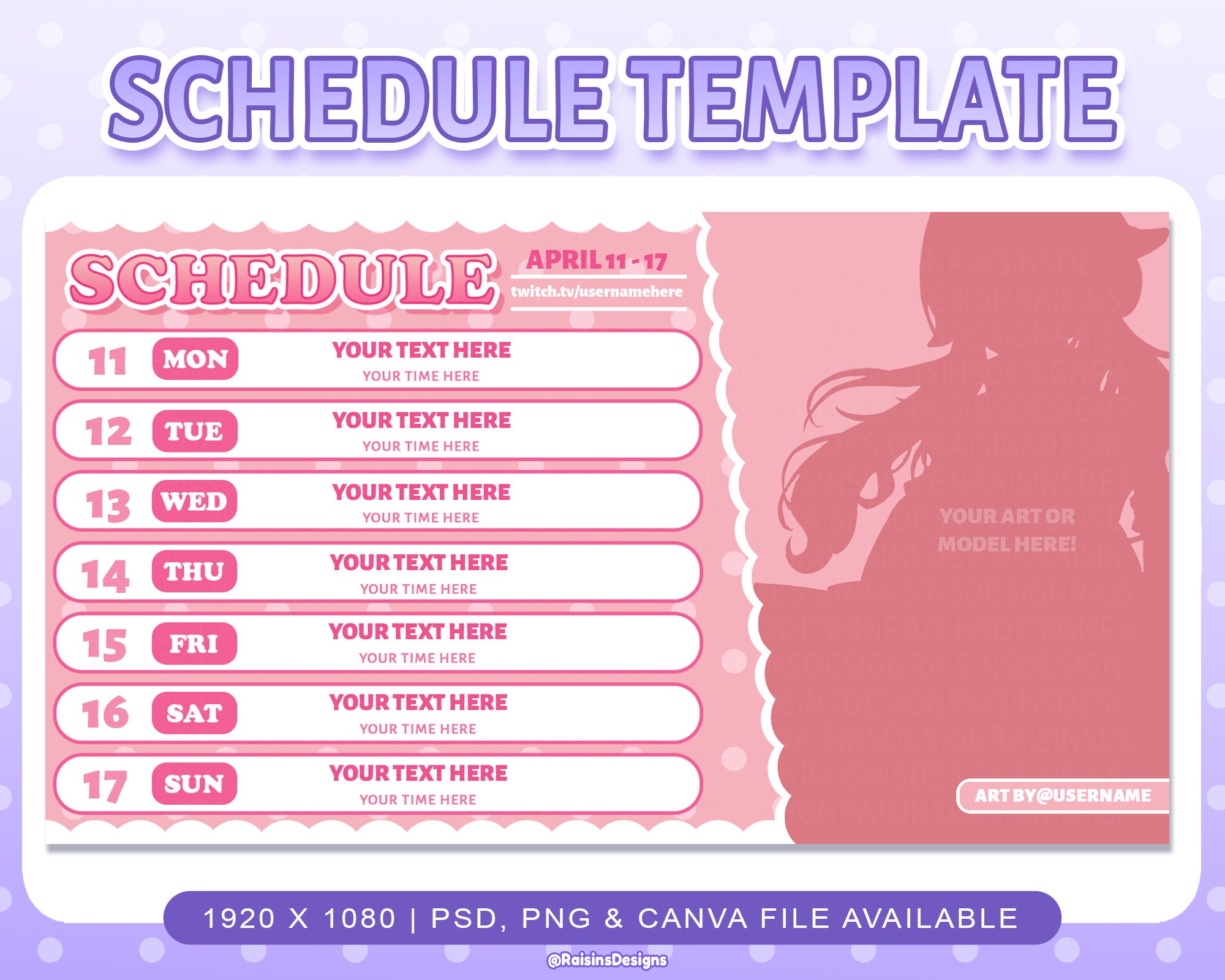 Stream Schedule Template for Twitch & Youtube Streaming / Pink Polka ...