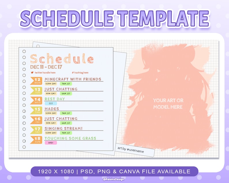 Stream Schedule Template for Twitch & Youtube Streaming / Cute Notebook ...