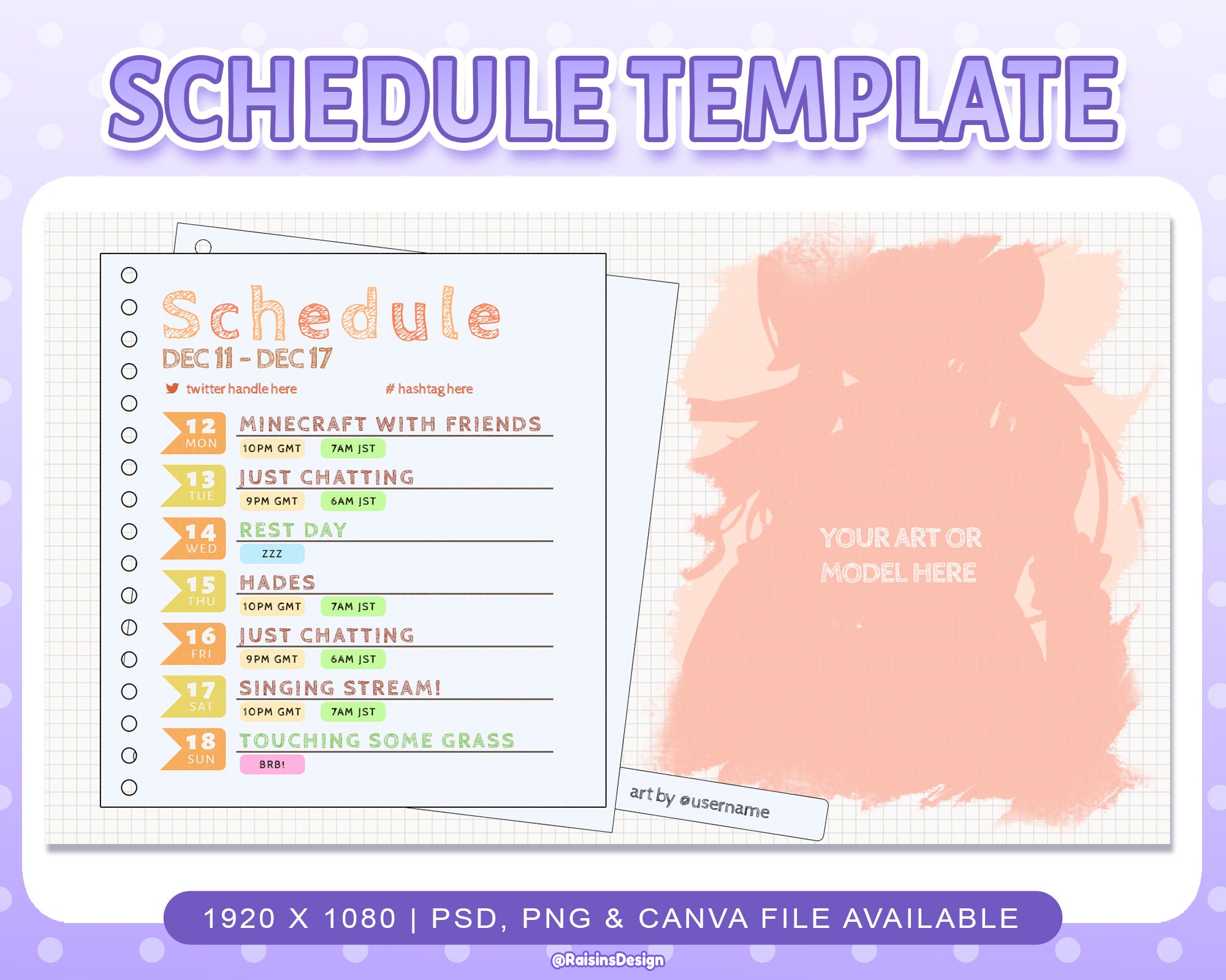 Stream Schedule Template for Twitch & Youtube Streaming / Cute Notebook Journal Themed Schedule ...