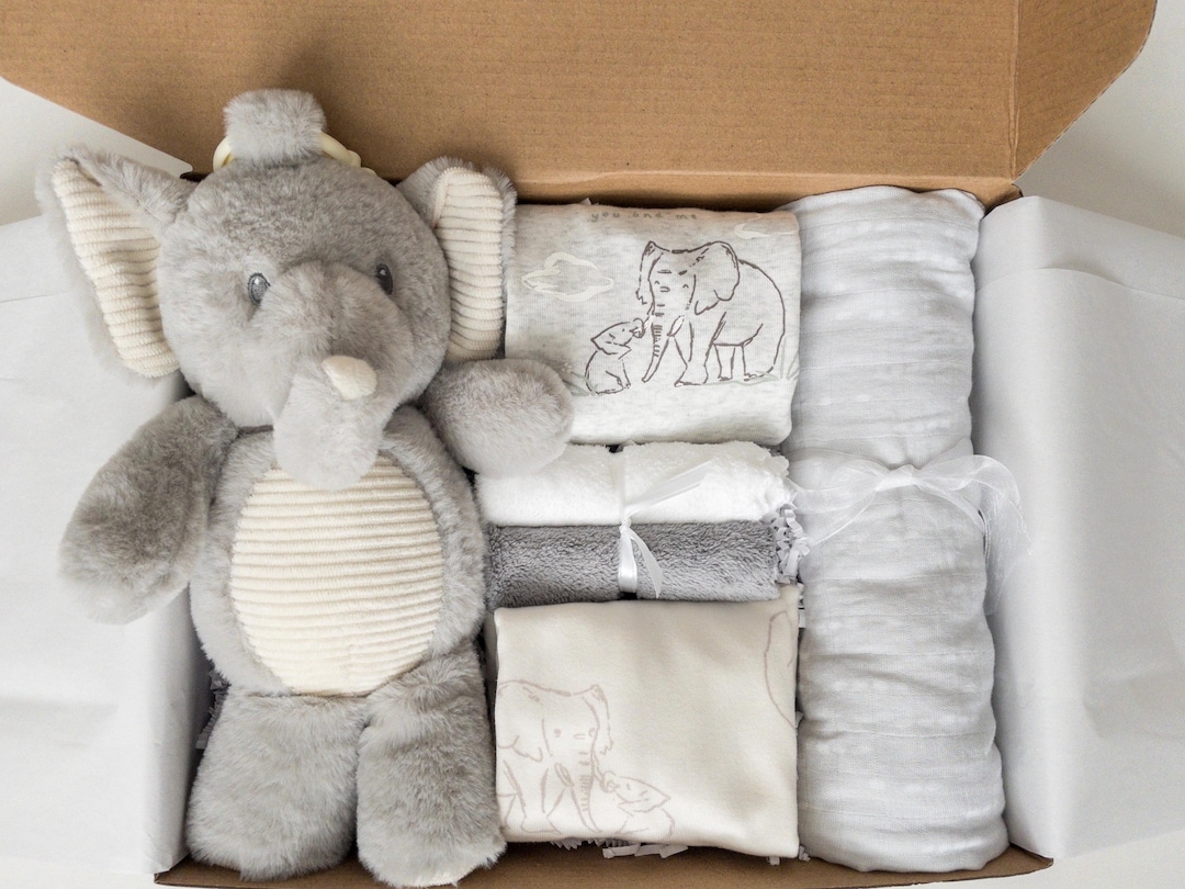 Neutral Baby Gift Box With Elephant Plush, Swaddle, Bodysuits - Etsy
