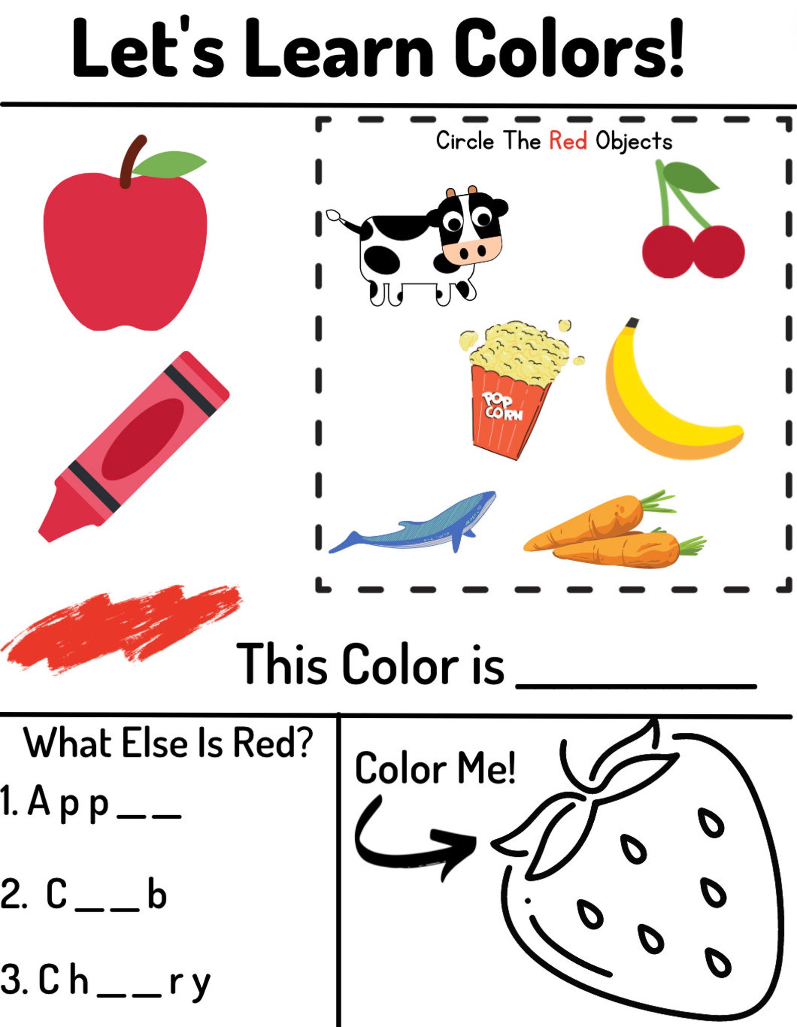 Learning the Color Red Elementary School Kids Worksheet Printable PDF 3 ...