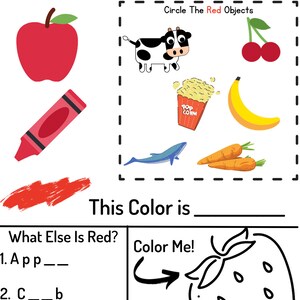 Learning the Color Red Elementary School Kids Worksheet Printable PDF 3 ...