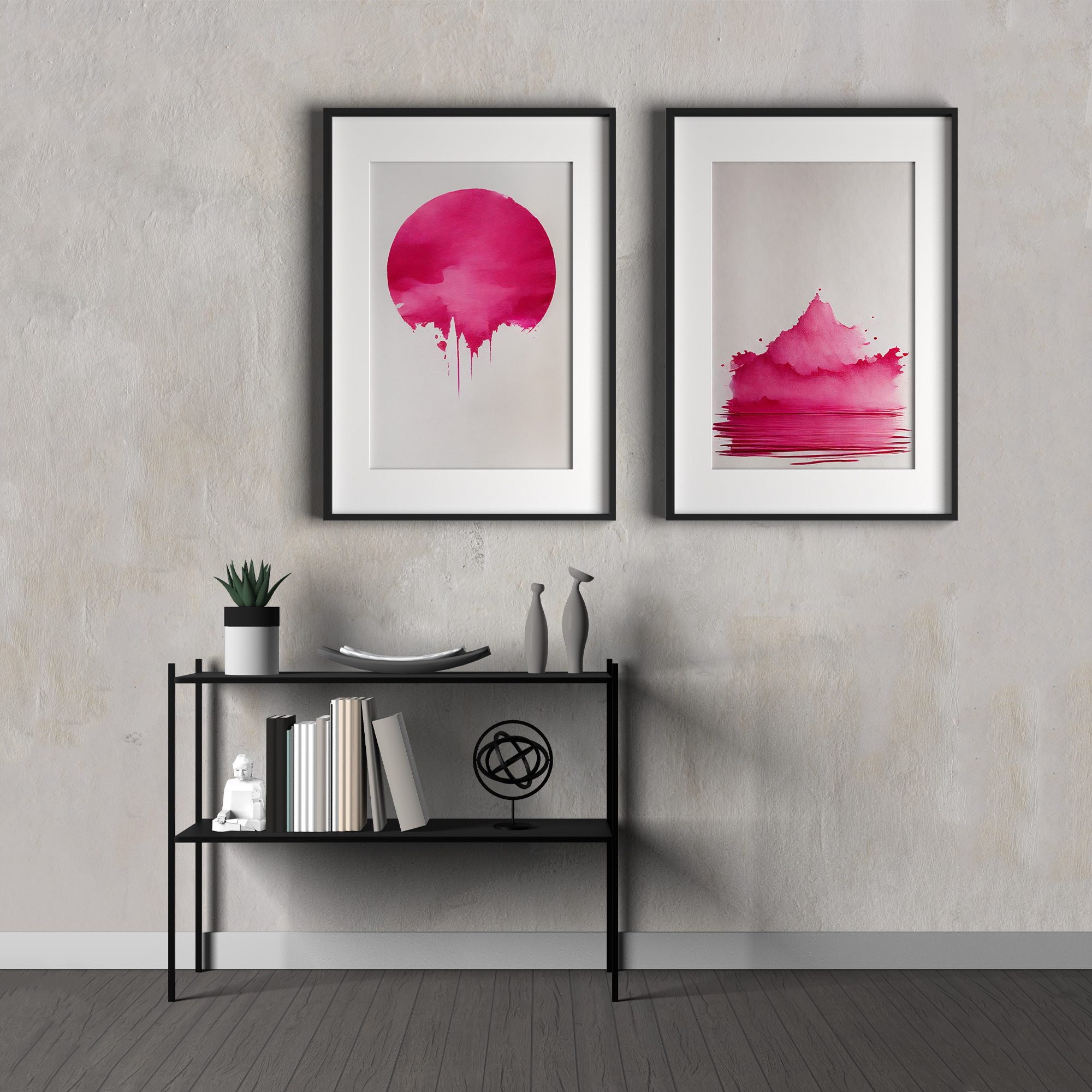 Pink Japandi Style Wall Art Decor Set of 2, Vibrant Minimalist ...