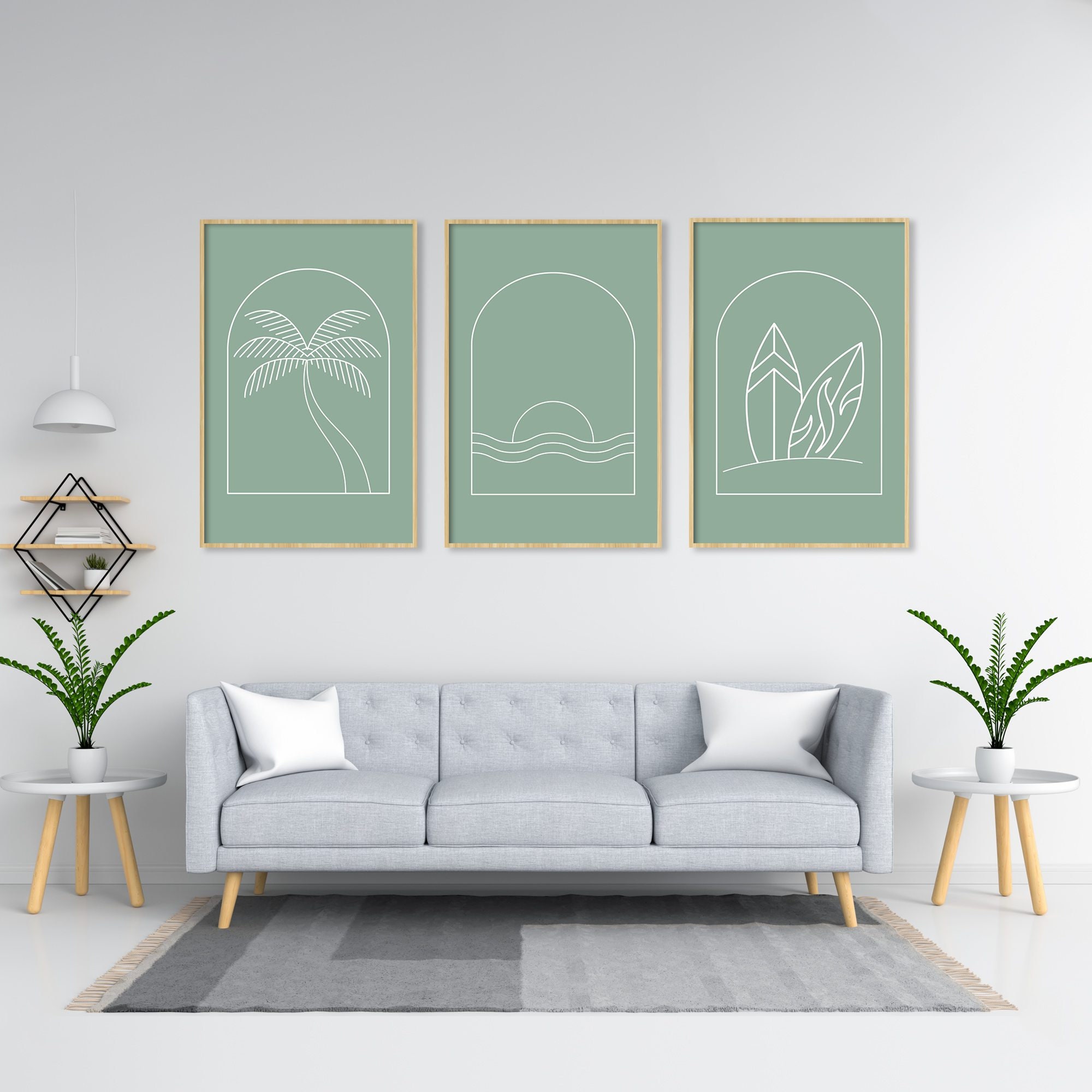 Beach Wall Art Ocean Surf Wall Print, Minimalist Boho Palm Surfing Set ...