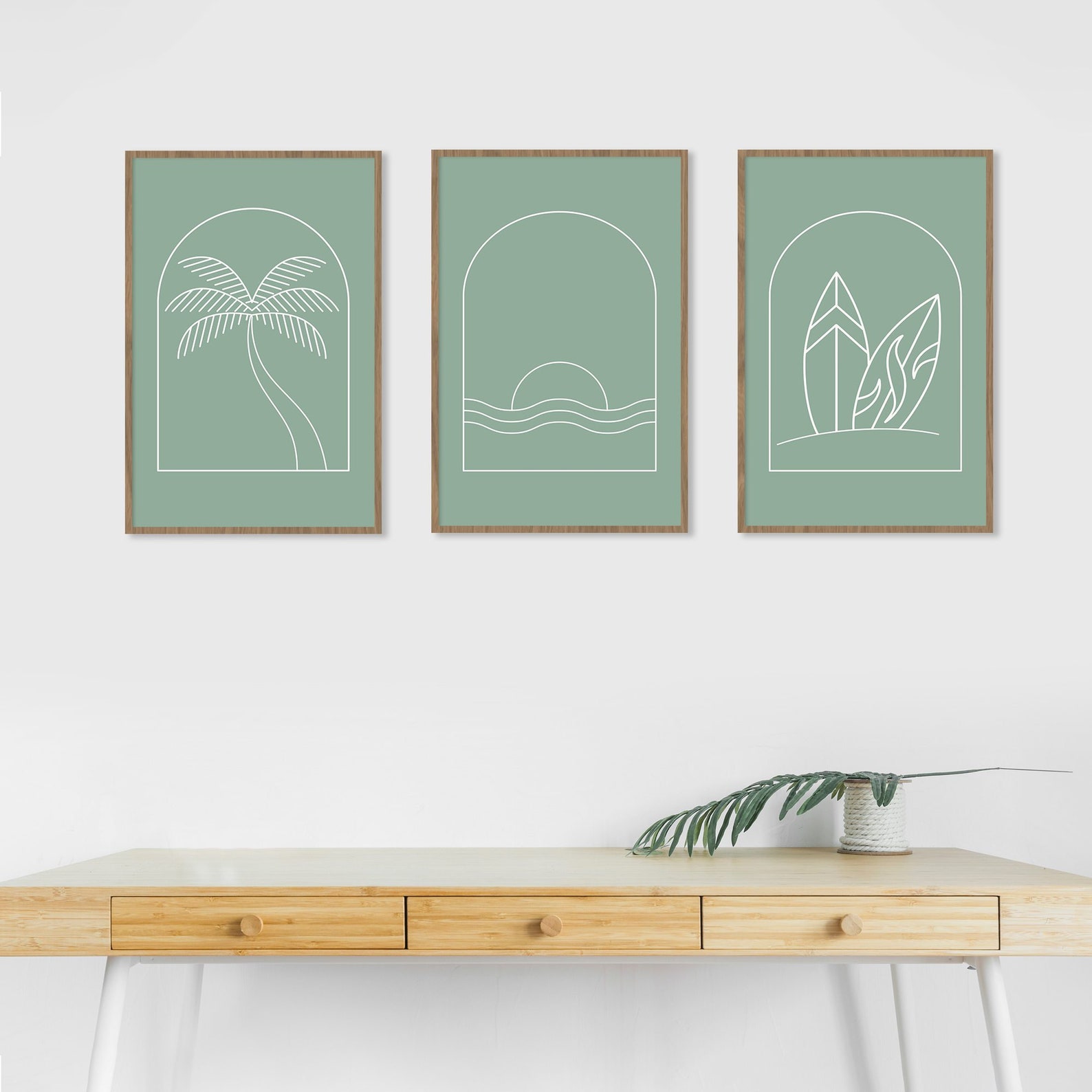 Beach Wall Art Ocean Surf Wall Print, Minimalist Boho Palm Surfing Set ...