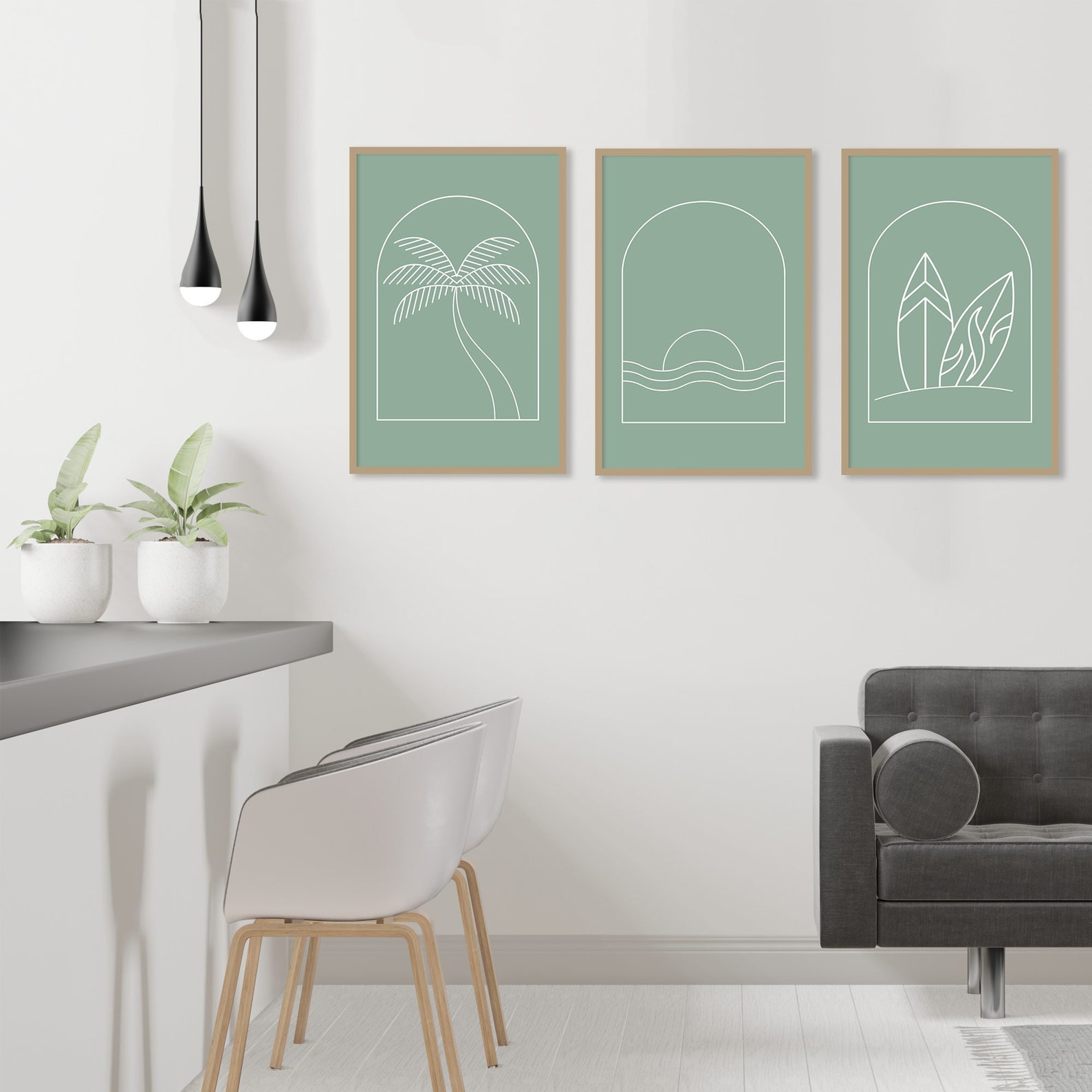 Beach Wall Art Ocean Surf Wall Print, Minimalist Boho Palm Surfing Set ...