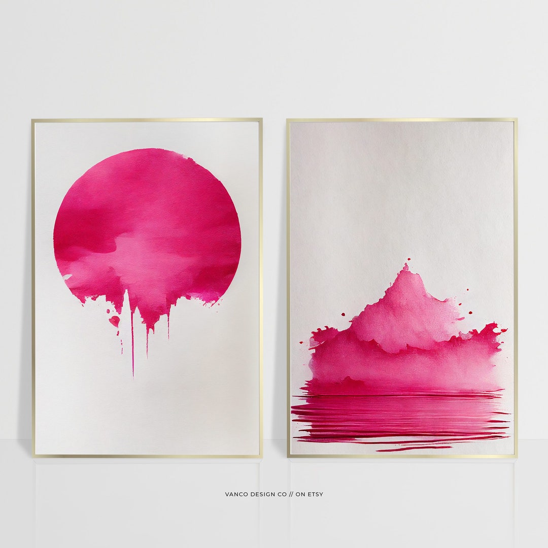 Pink Japandi Style Wall Art Decor Set of 2, Vibrant Minimalist ...