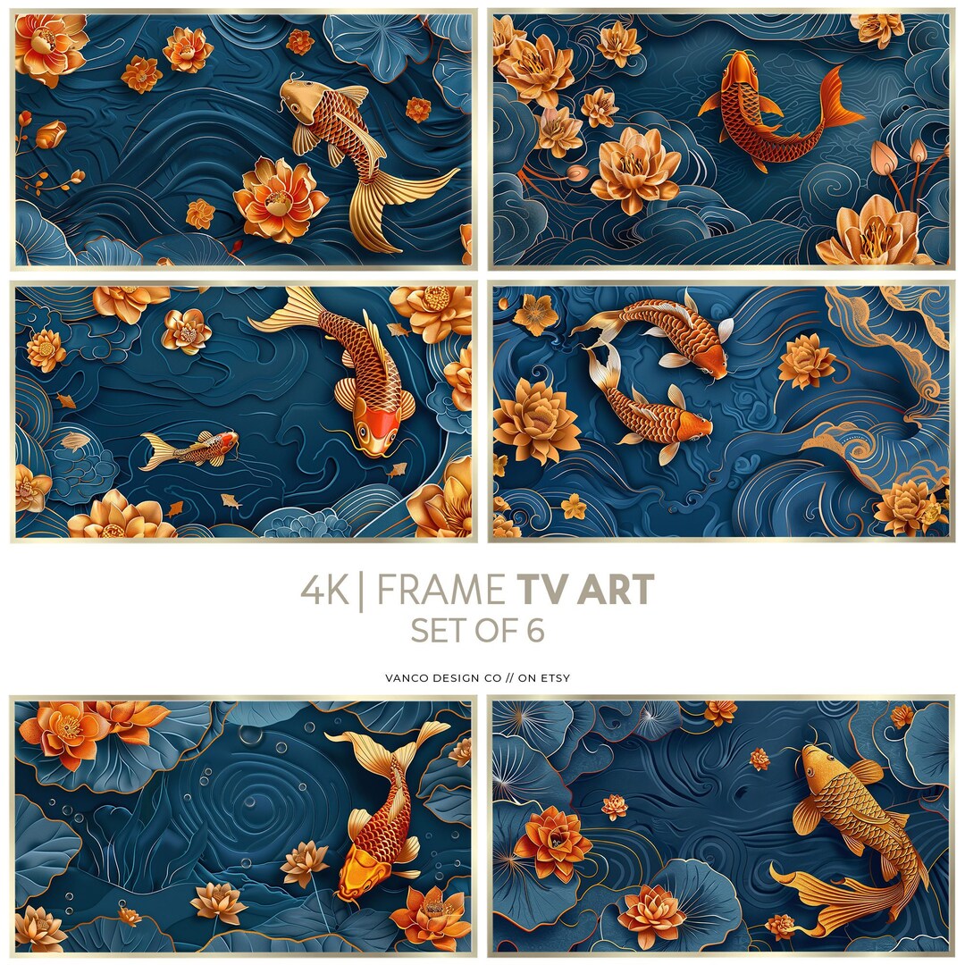 Goldfish FRAME TV Art Set of 6, Japanese Ranchu Water Lily Oriental ...