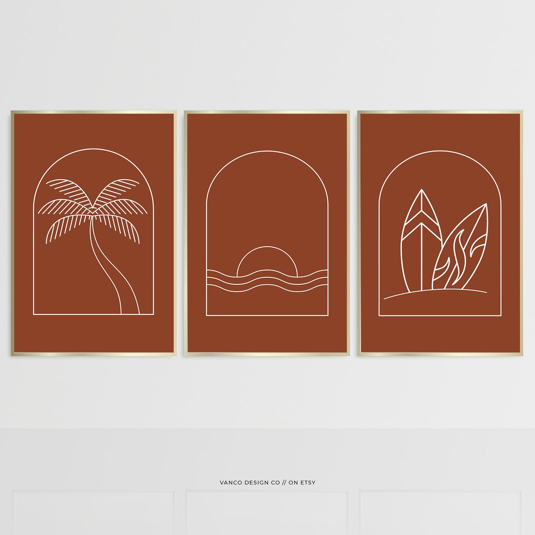 Beach Wall Art Ocean Surf Wall Print, Minimalist Boho Palm Surfing Set ...