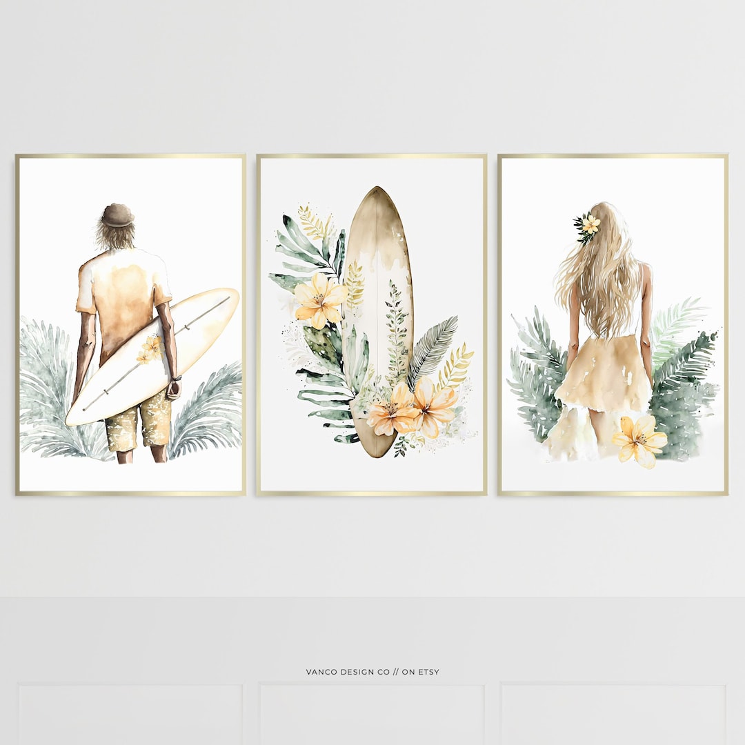Boho Beach Wall Art Ocean Surf Set of 3 Prints, Surfing Beach Aesthetic ...