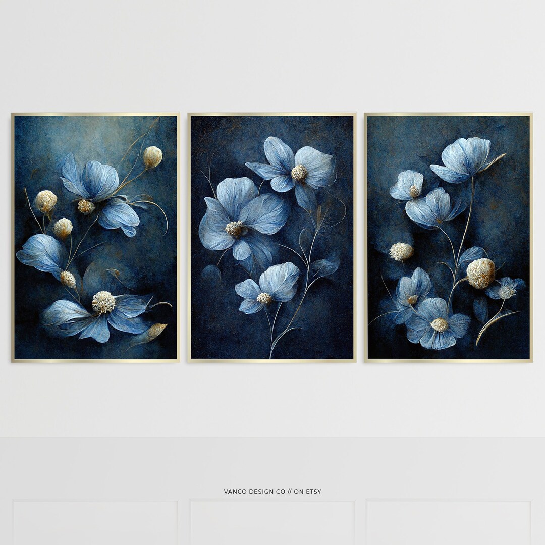 Navy Blue Wall Art Set of 3 Flowers, Shades of Blue Floral 3 Piece ...