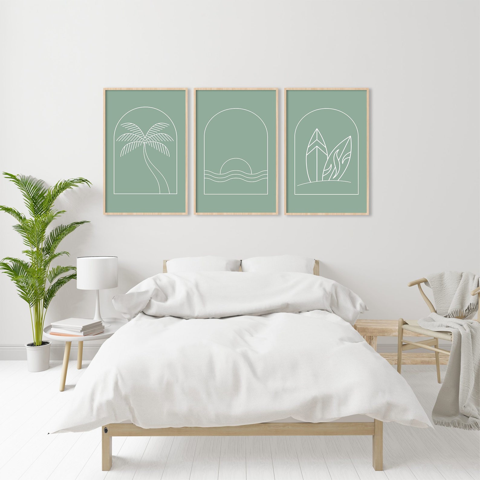 Beach Wall Art Ocean Surf Wall Print, Minimalist Boho Palm Surfing Set ...