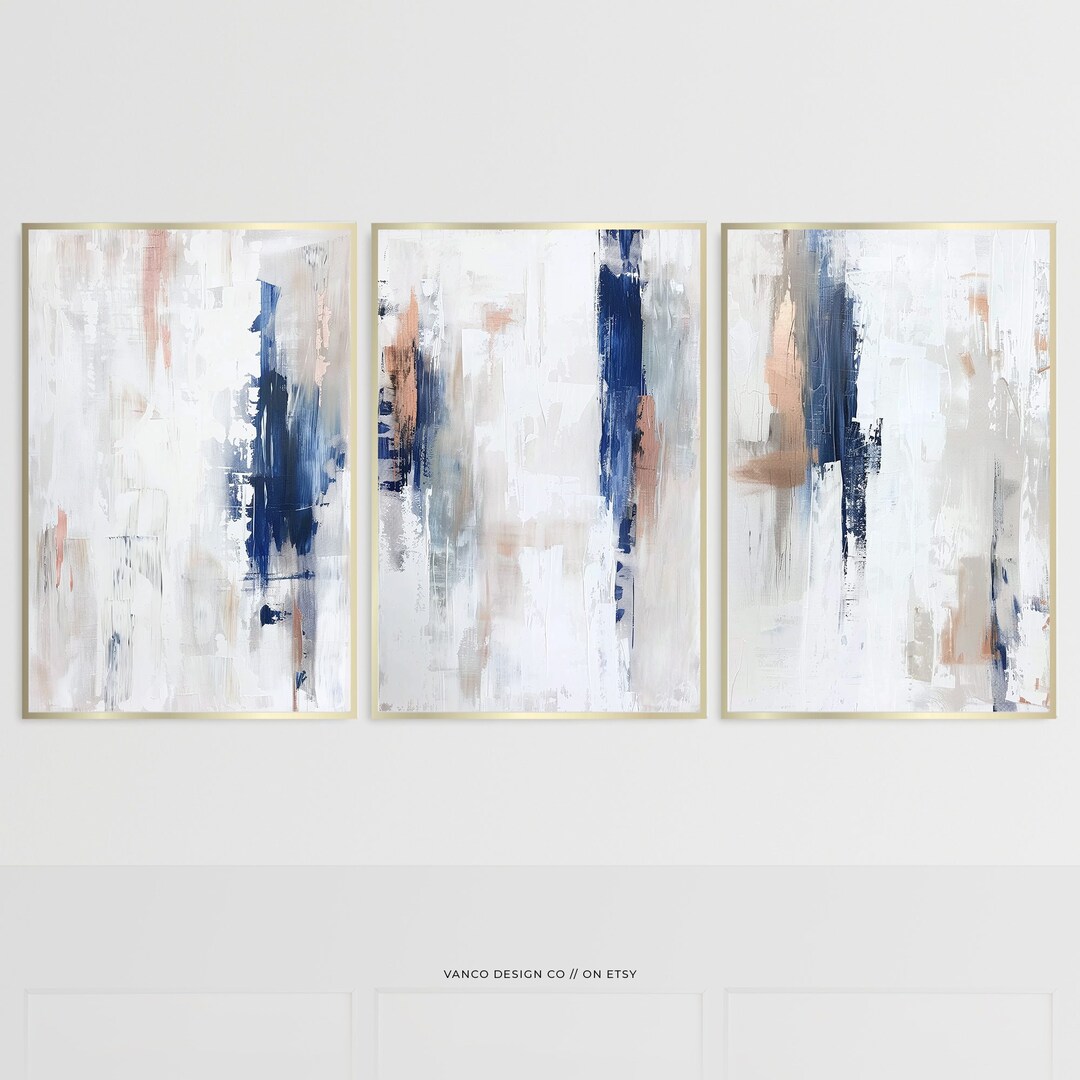Navy Blue & White Abstract Wall Art Set of 3 Nordic Decor Prints ...