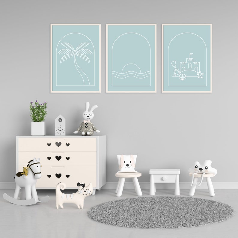 Beach Nursery Wall Art Trio, Boho Palm Beach Surf Print, Set of 3 ...