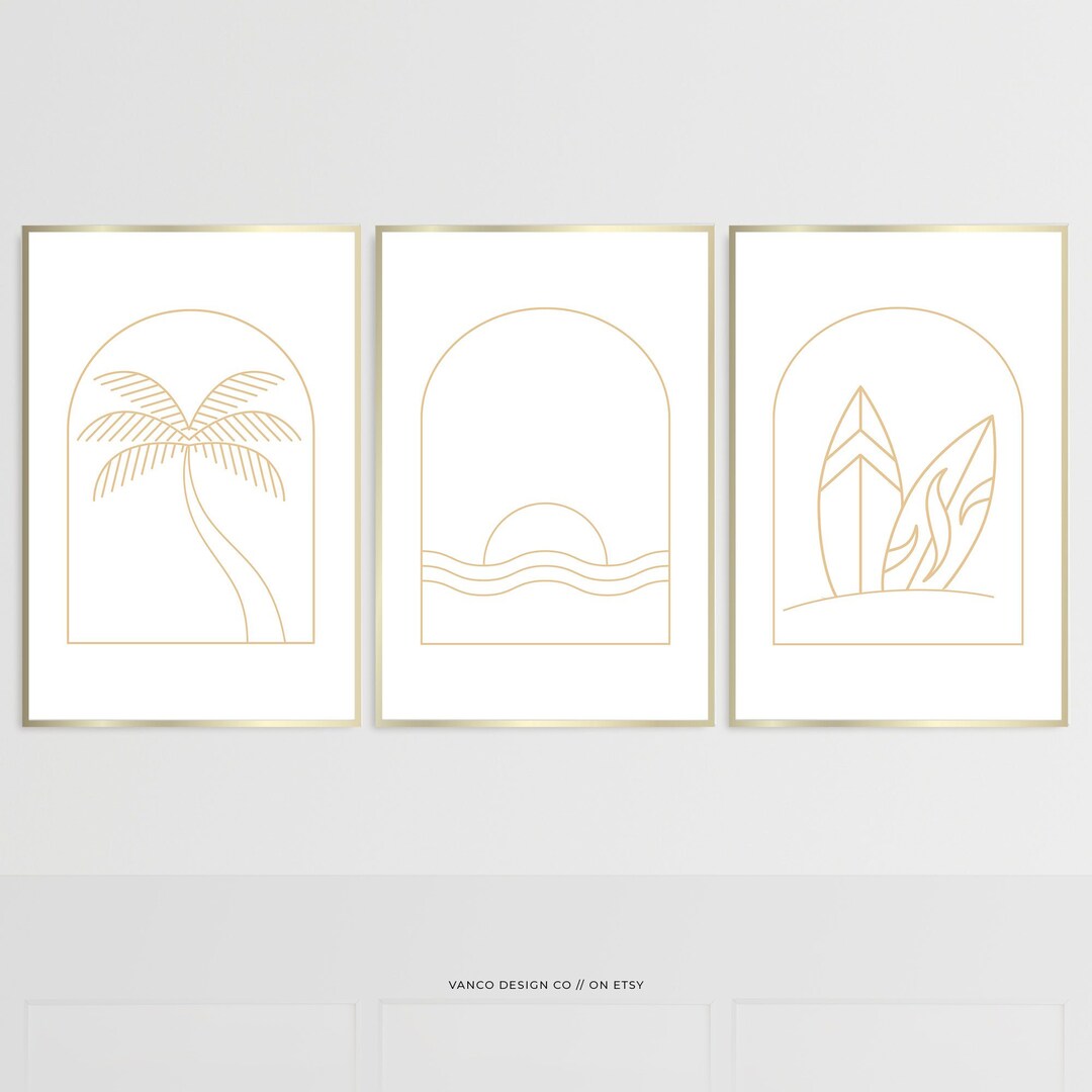 Beach Wall Art Ocean Surf Wall Print, Minimalist Boho Palm Surfing Set ...