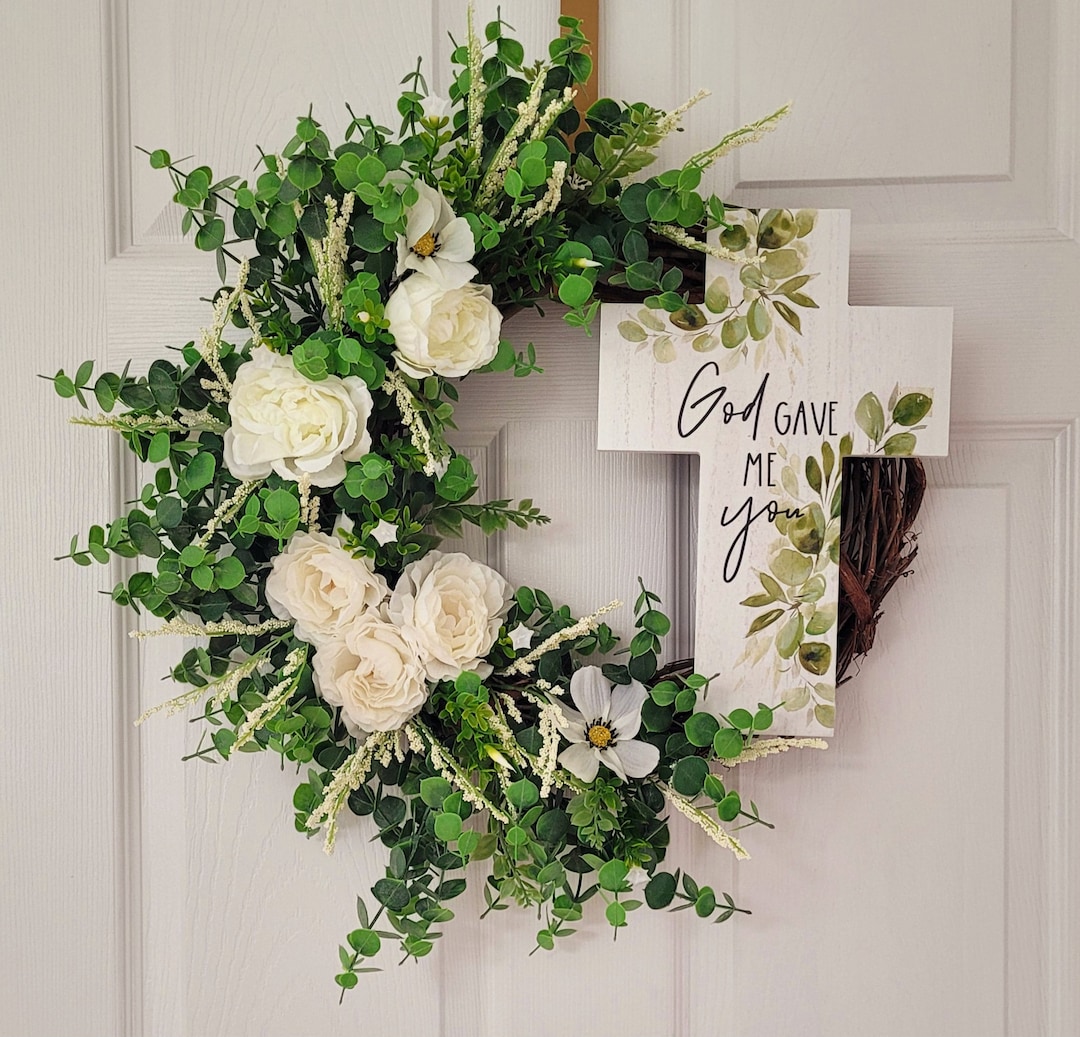 Floral Cross Wreath, White Flowers, Spring Wedding Door Decor - Etsy