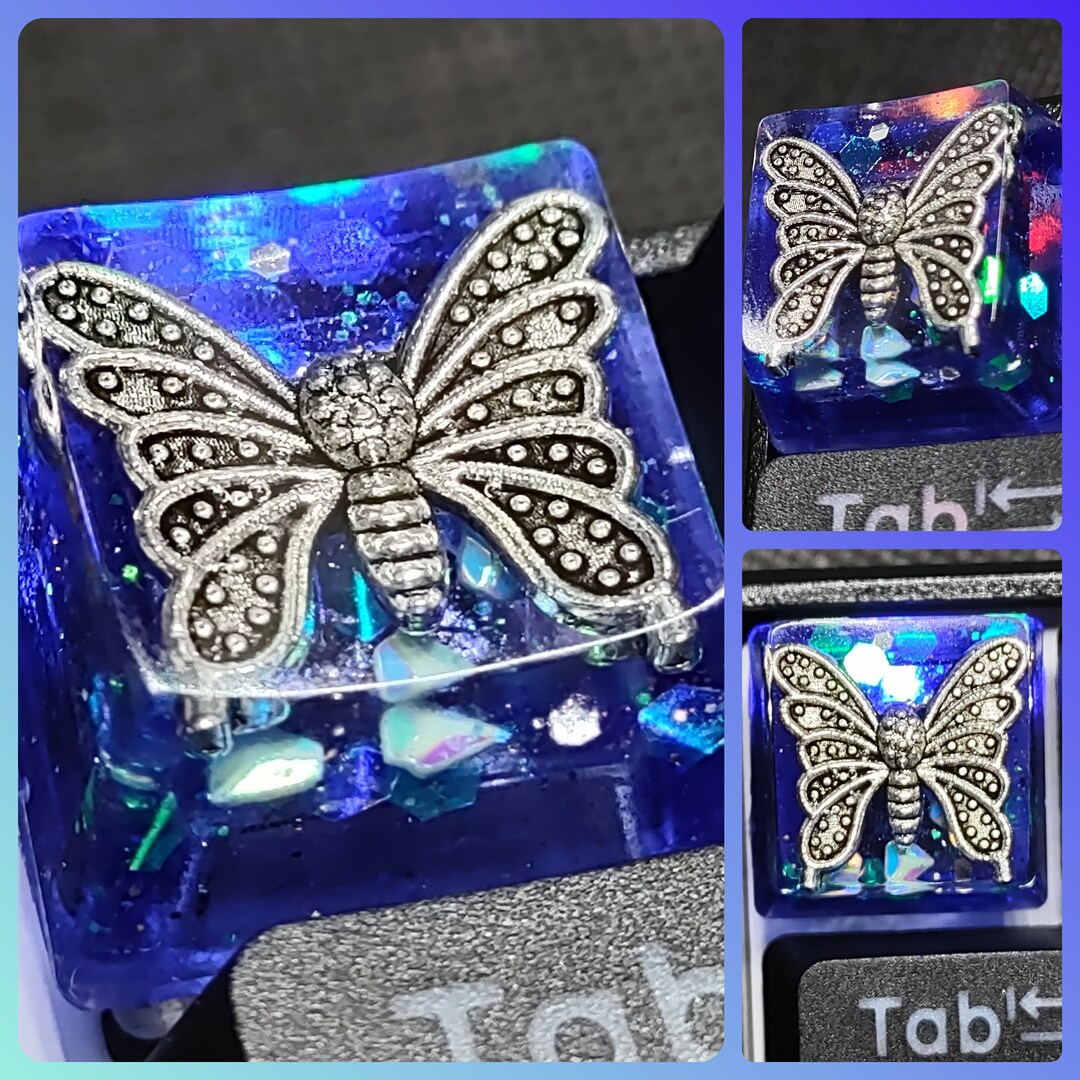 Butterfly Keycap Blue Purple Glitter Silver Metal Insect Bug Handmade ...